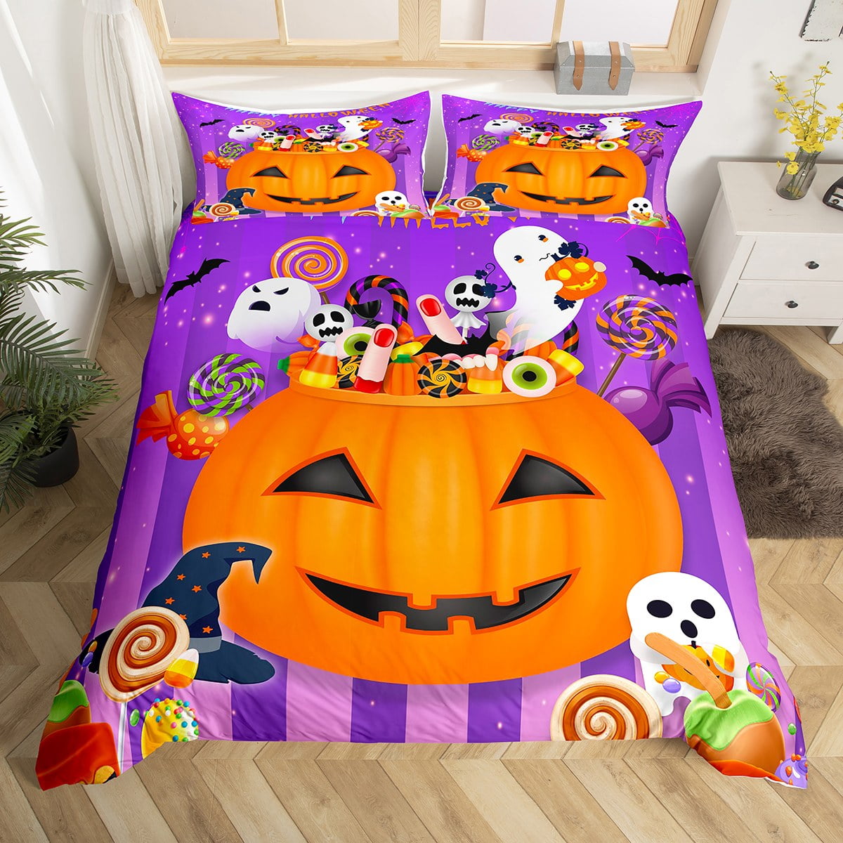 Cartoon Pumpkin Decor Comforter Cover Spooky Halloween Candy Trick Or ...