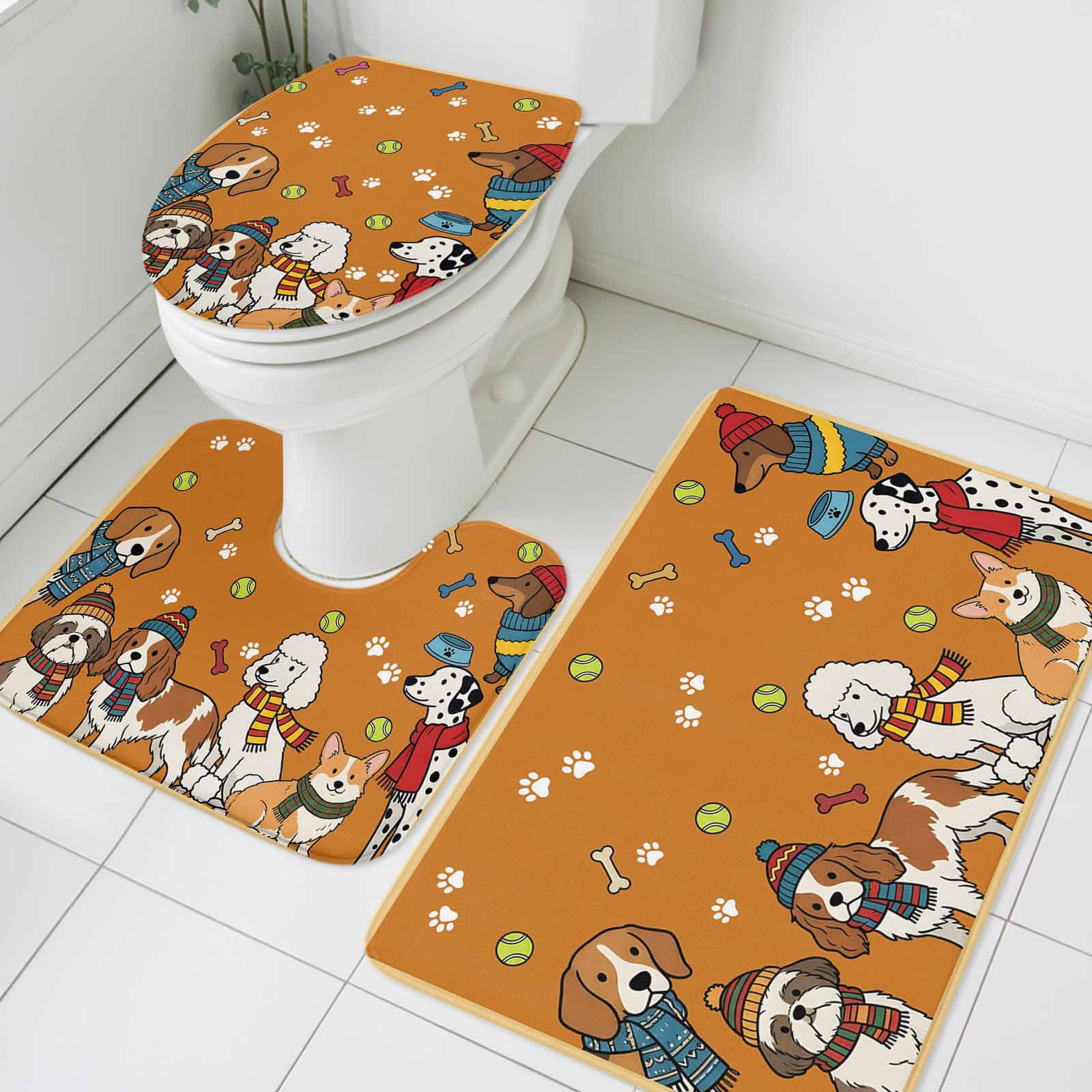 Cartoon Puppy Bathroom Rugs Set Dag Paw Print Bone Balls Brown ...