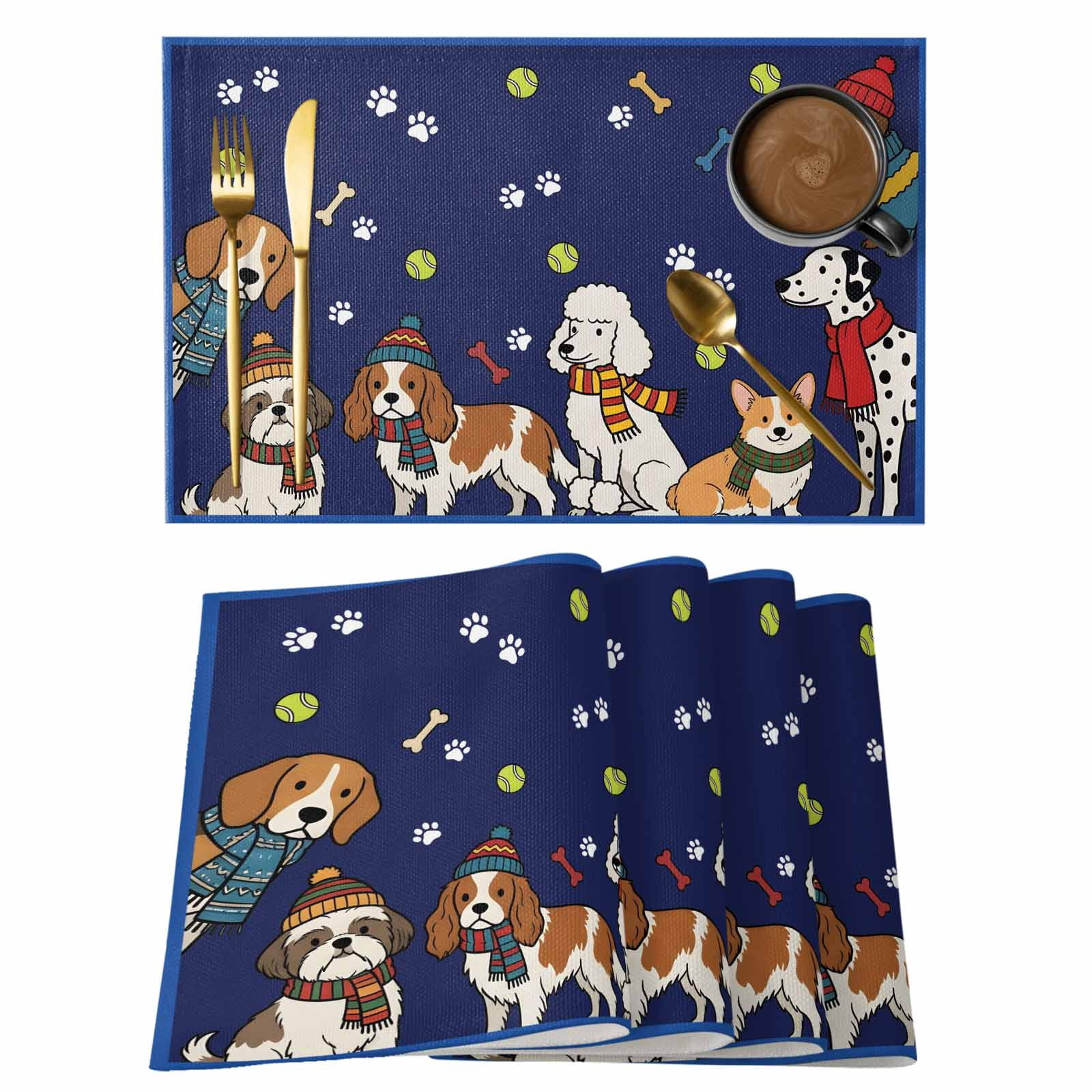 Cartoon Puppy Cotton Linen Placemats Set of 1, Dag Paw Print Bone Balls ...