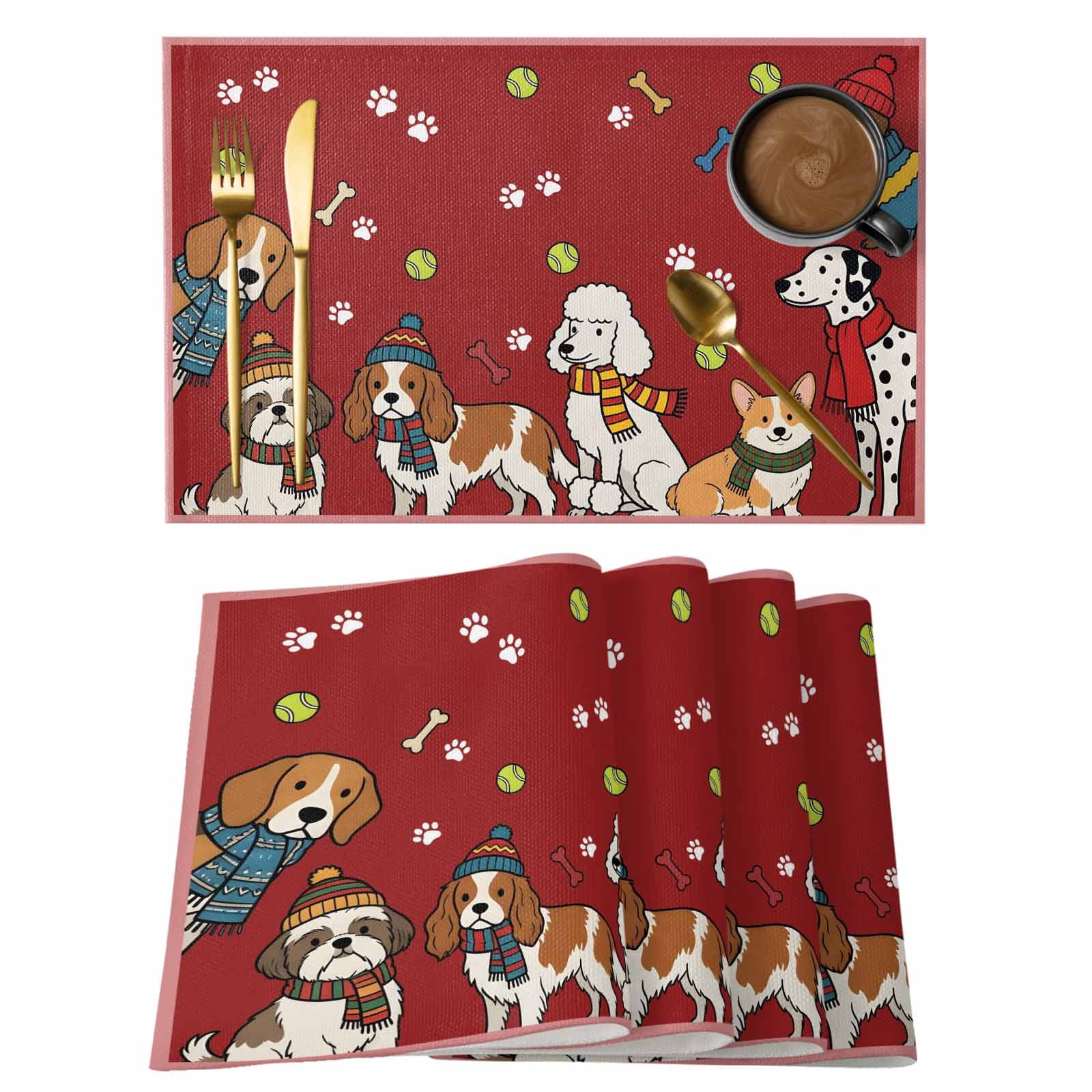 Cartoon Puppy Cotton Linen Placemats Set of 2, Dag Paw Print Bone Balls ...