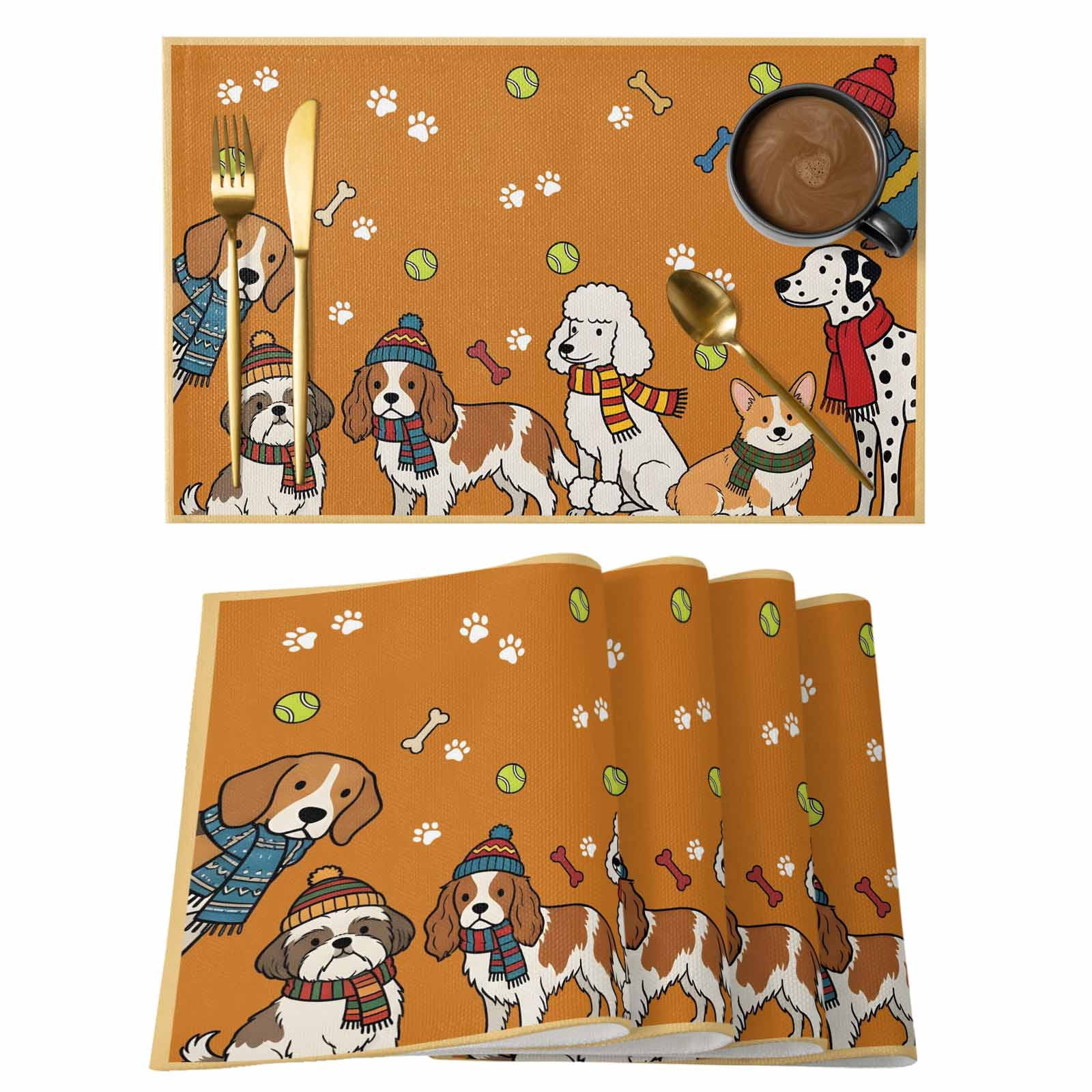 Cartoon Puppy Cotton Linen Placemats Set of 8, Dag Paw Print Bone Balls ...