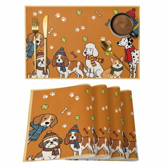 Cartoon Puppy Cotton Linen Placemats Set of 8, Dag Paw Print Bone Balls ...