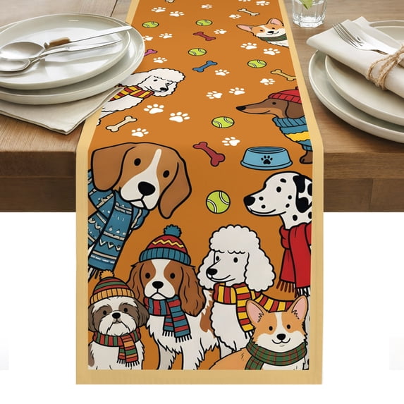 Cartoon Puppy Cotton Linen Table Runner Dag Paw Print Bone Balls Brown ...