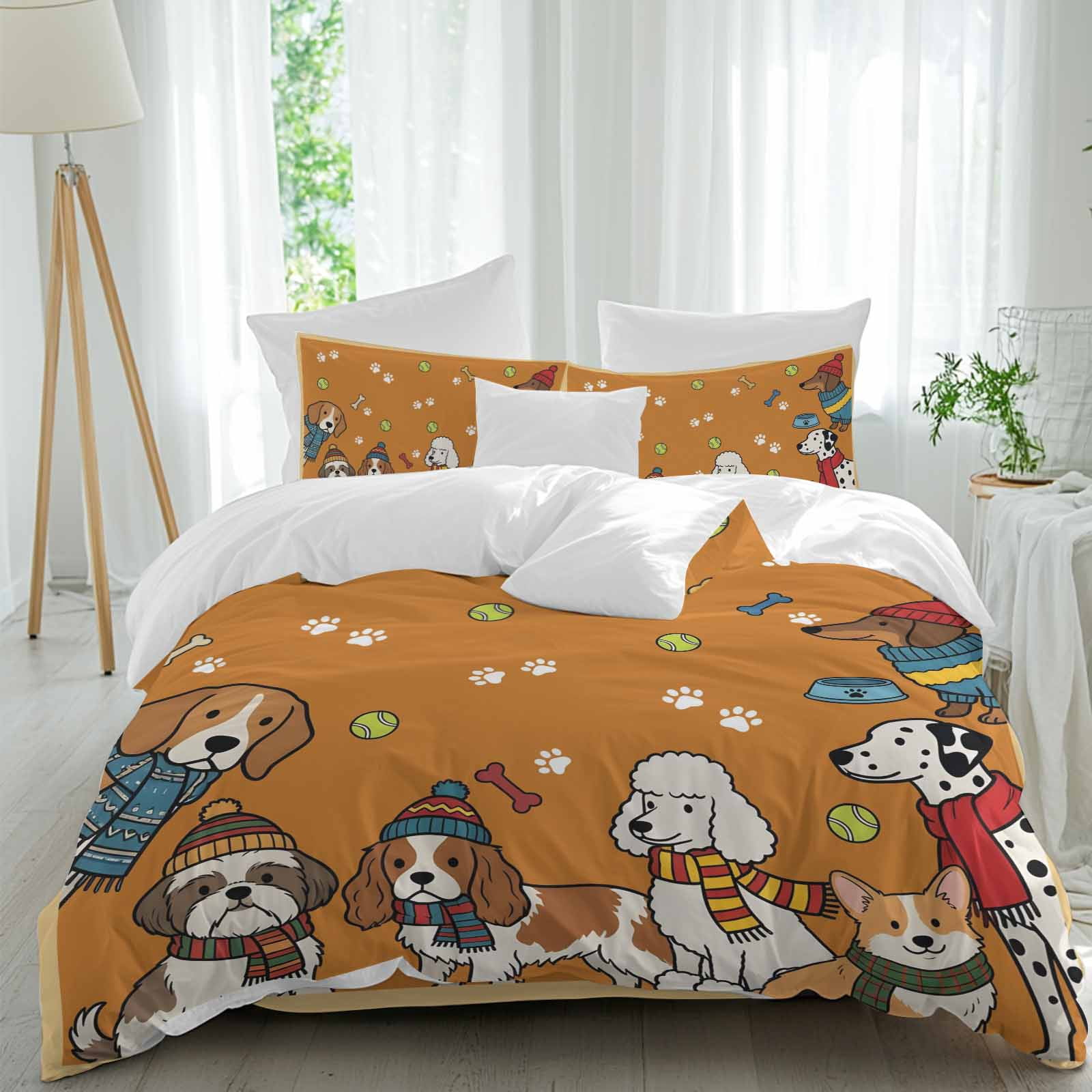 Cartoon Puppy Duvet Cover Set Twin Size, Dag Paw Print Bone Balls Brown ...
