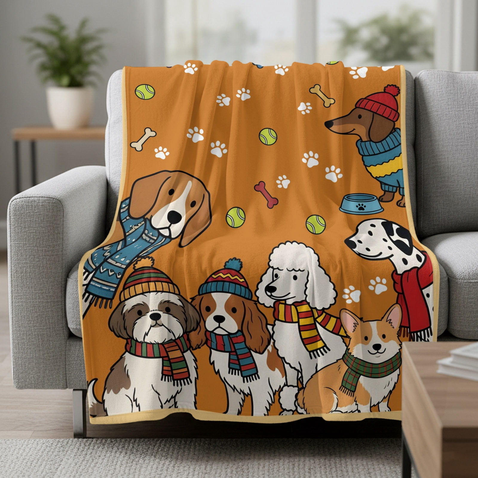 Cartoon Puppy Fleece Throw Blanket Dag Paw Print Bone Balls Brown ...