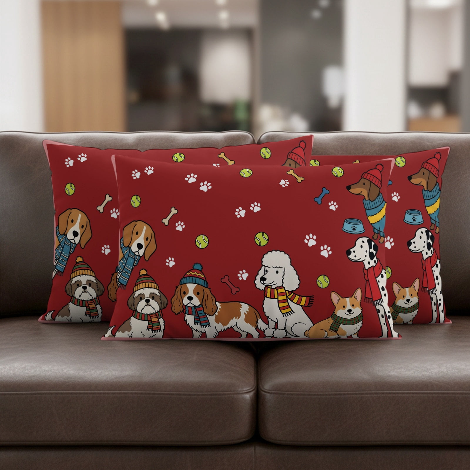 Cartoon Puppy Pillow Covers Set of 4, Dag Paw Print Bone Balls Brown ...