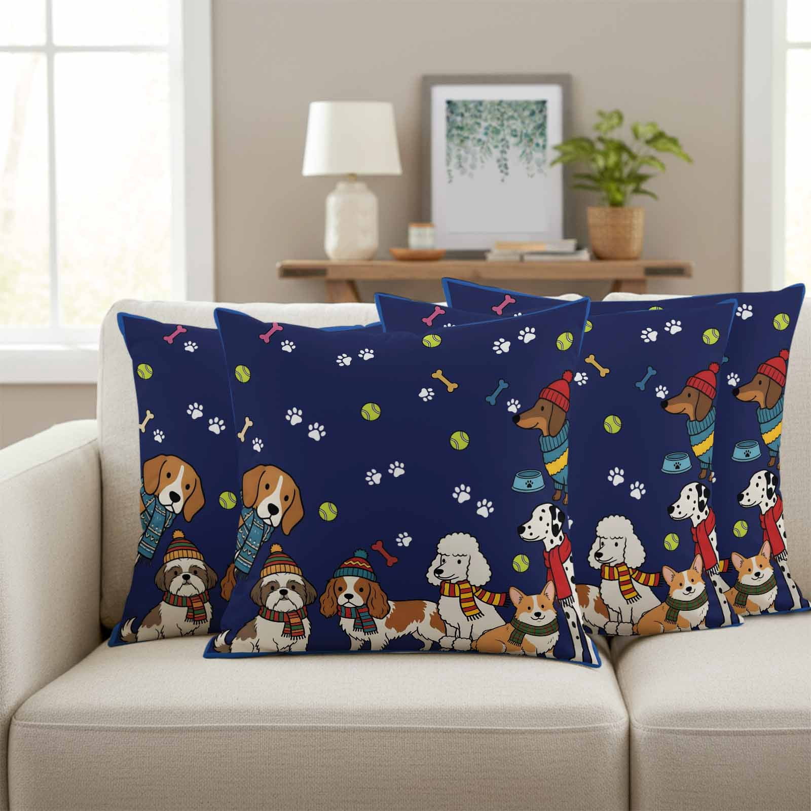 Cartoon Puppy Pillow Covers Set of 4, Dag Paw Print Bone Balls Navy ...