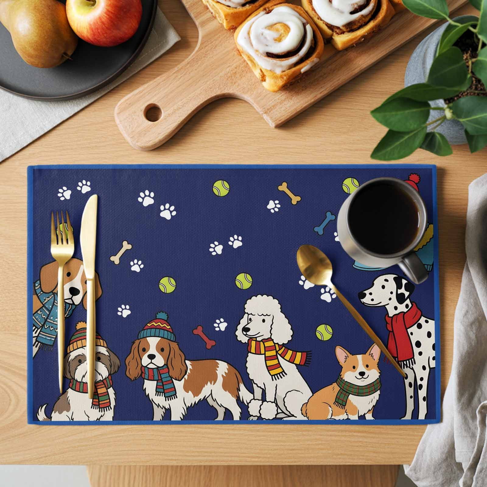 Cartoon Puppy Placemats Set of 2, Dag Paw Print Bone Balls Navy ...
