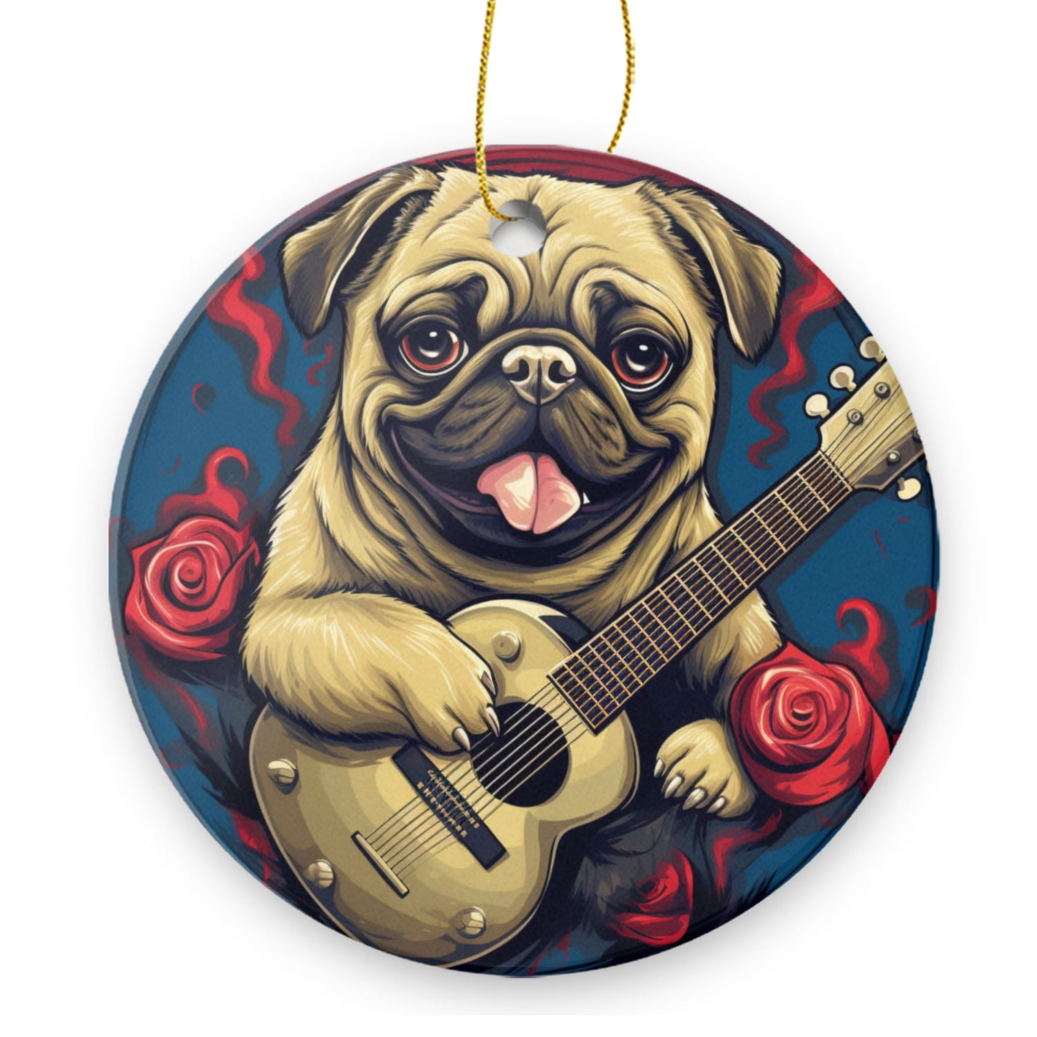 Cartoon Puppy Pug Dog With Guitar - Christmas Ornament Xmas Keepsake ...
