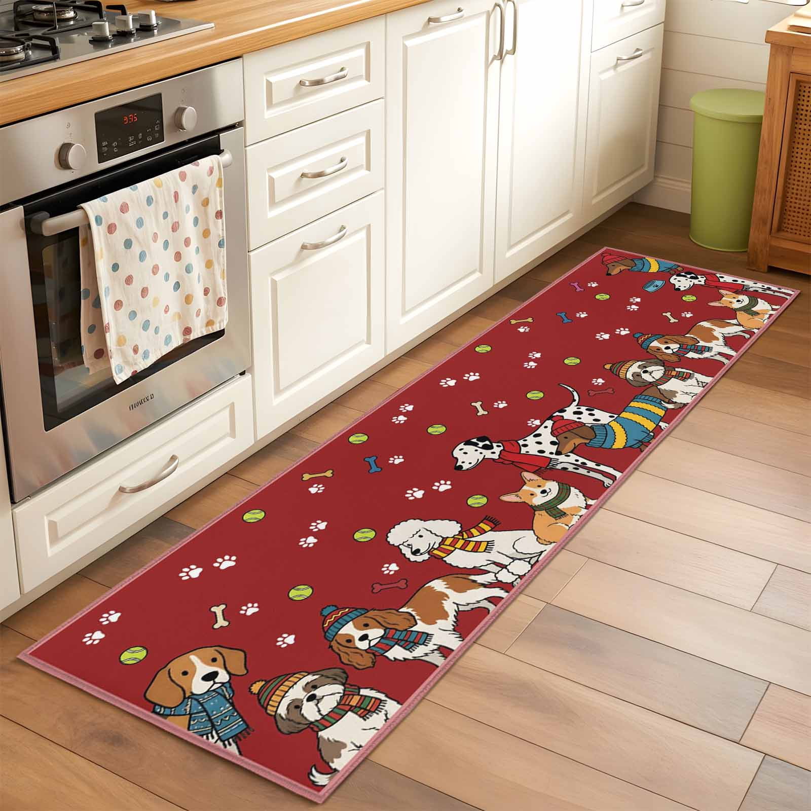 Cartoon Puppy Runner Rugs 2x6 ft Dag Paw Print Bone Balls Brown Red ...
