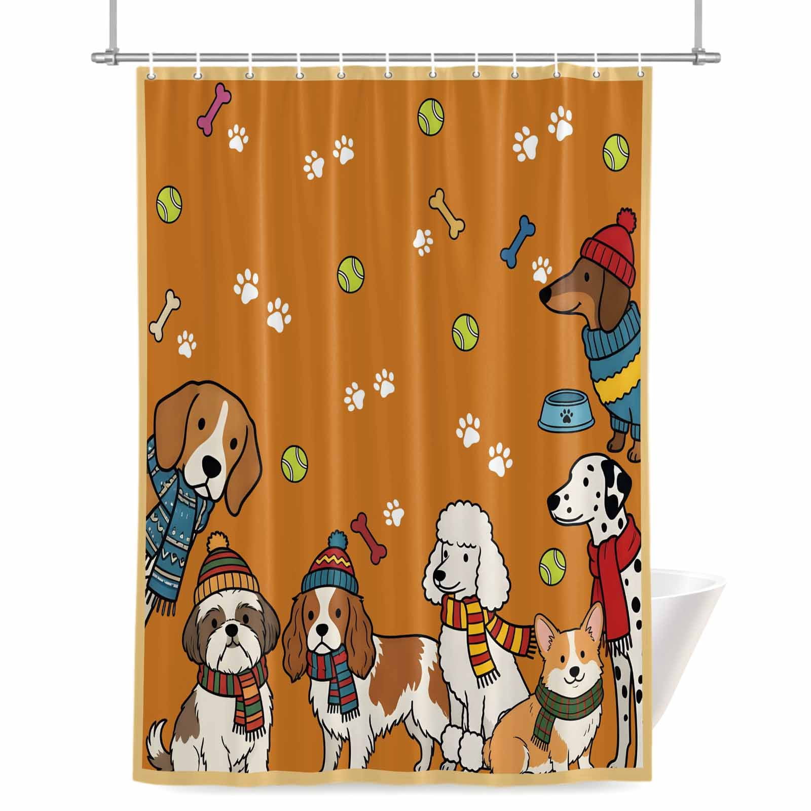 Cartoon Puppy Shower Curtain, 72" x 84", Dag Paw Print Bone Balls Brown ...
