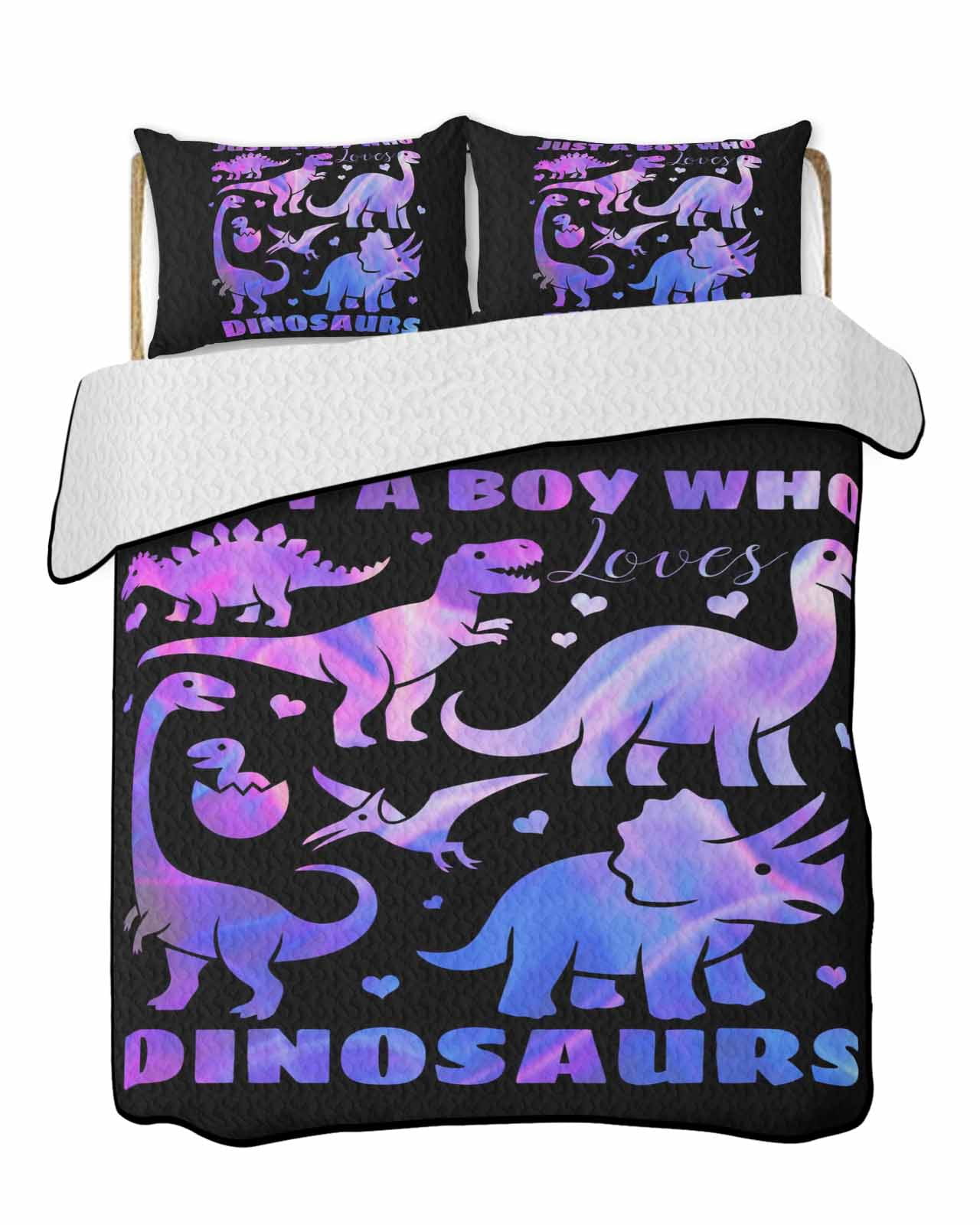 Cartoon Purple Dinosaurs 3 Piece Quilt Bedding Set with 2 Pillow Shams ...