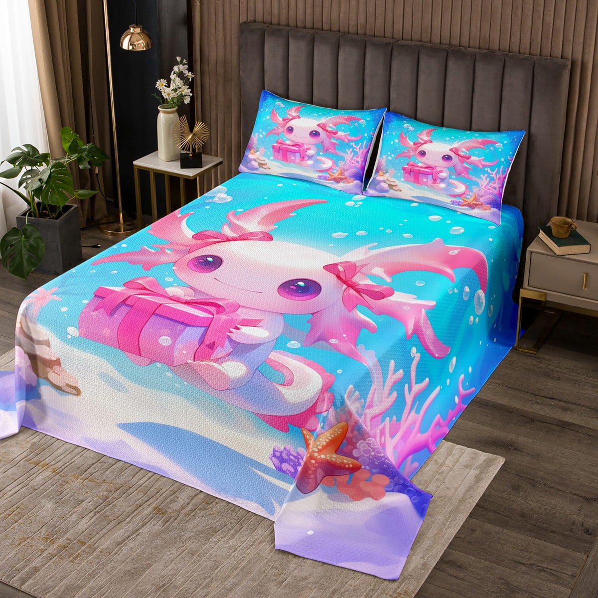 Cartoon Queen Axolotl Kids Quilt Set Kawaii Coastal Animals Coverlet ...