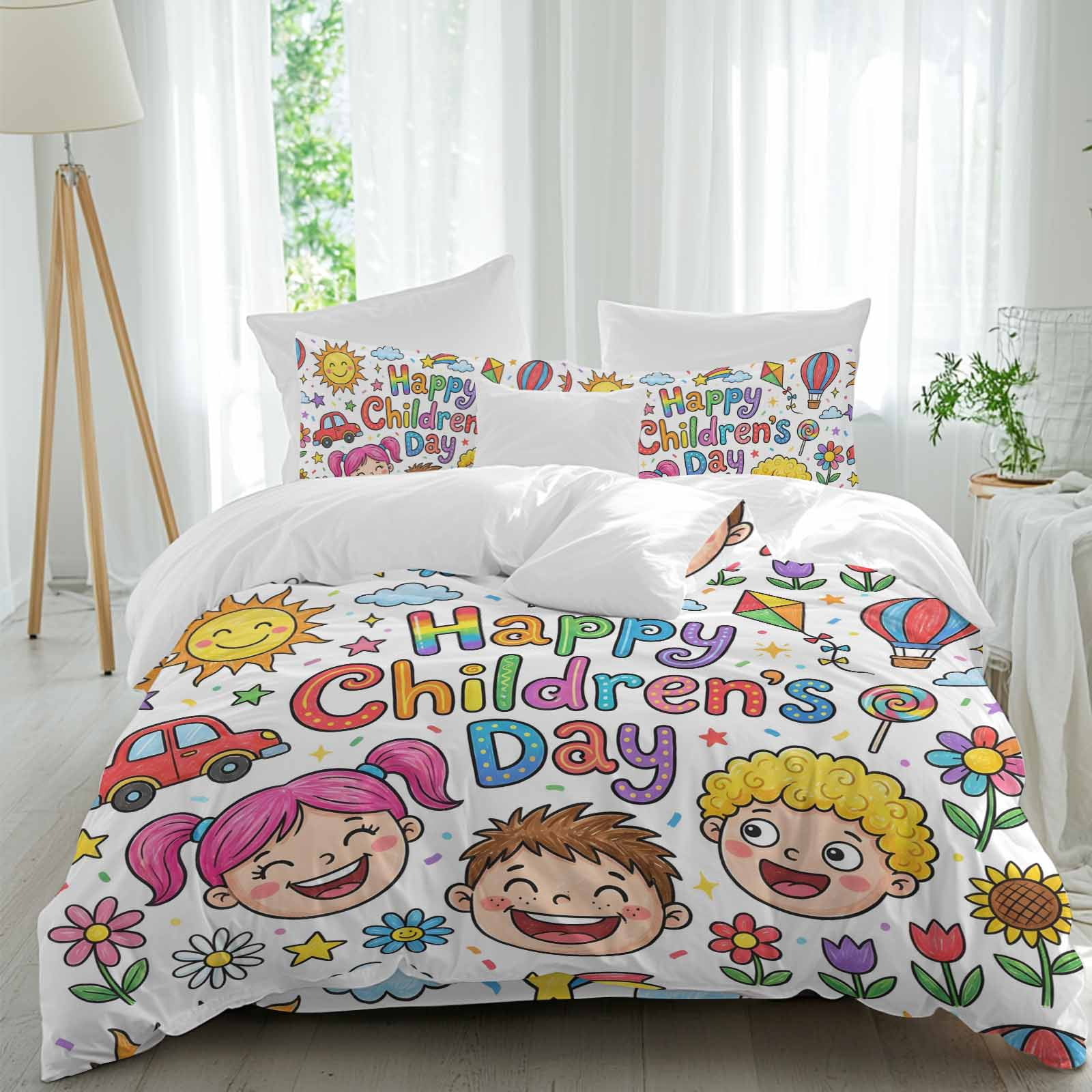 Cartoon Queen Duvet Cover Set, Watercolor Hot Air Balloon Funny Face ...