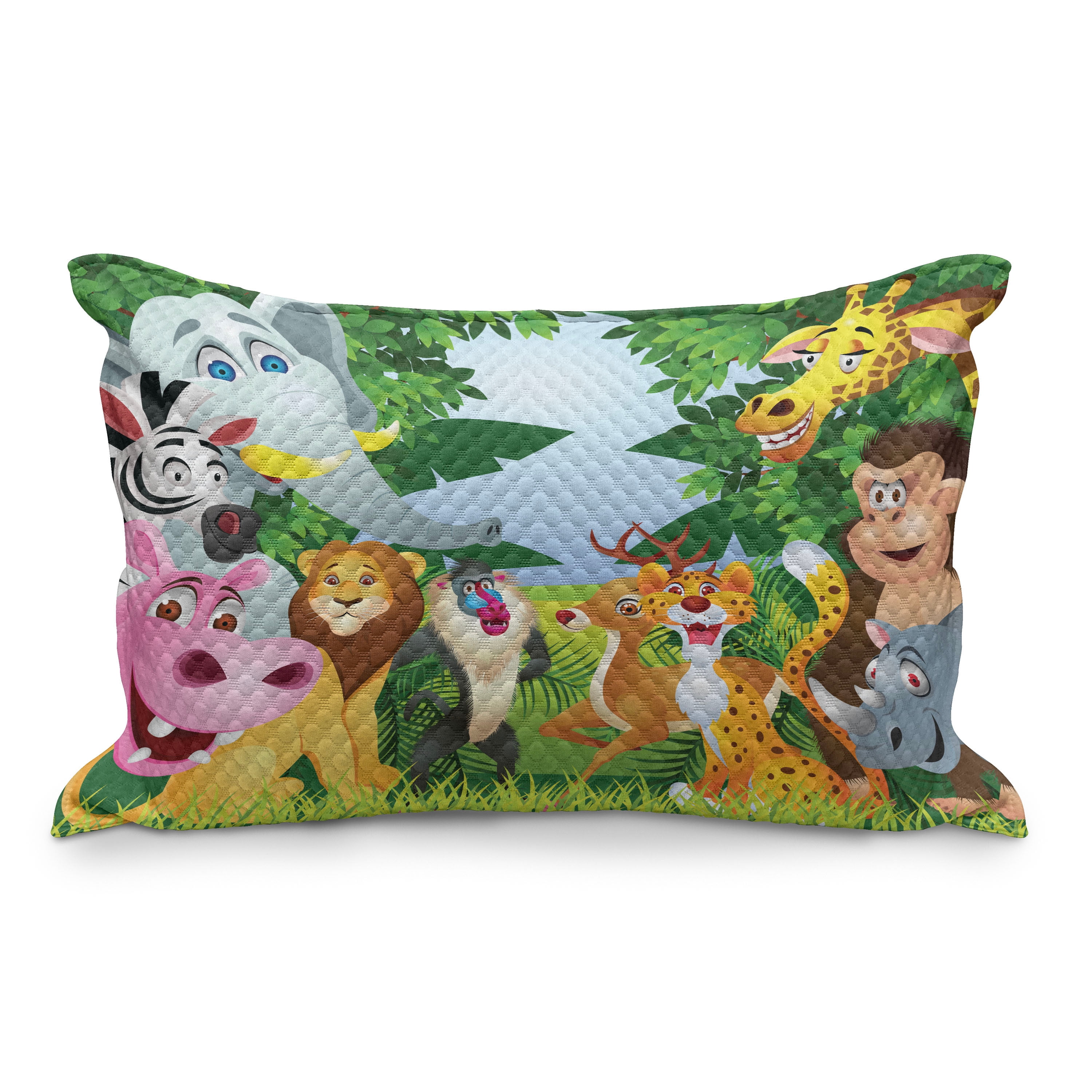 Cartoon Quilted Pillowcover, Group of Savannah Jungle Animals with ...