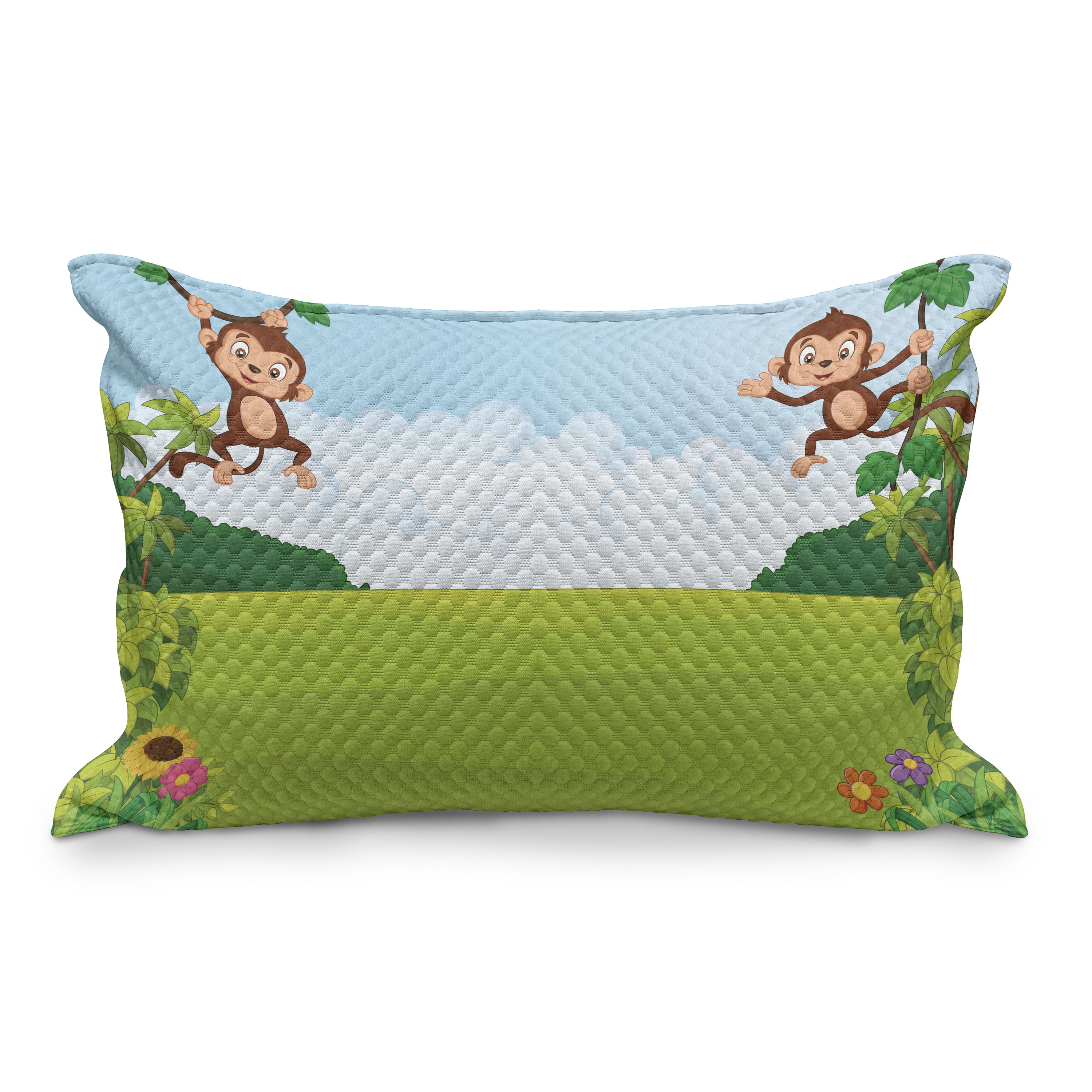 Cartoon Quilted Pillowcover, Playful Monkeys Hanging on Vines Young ...