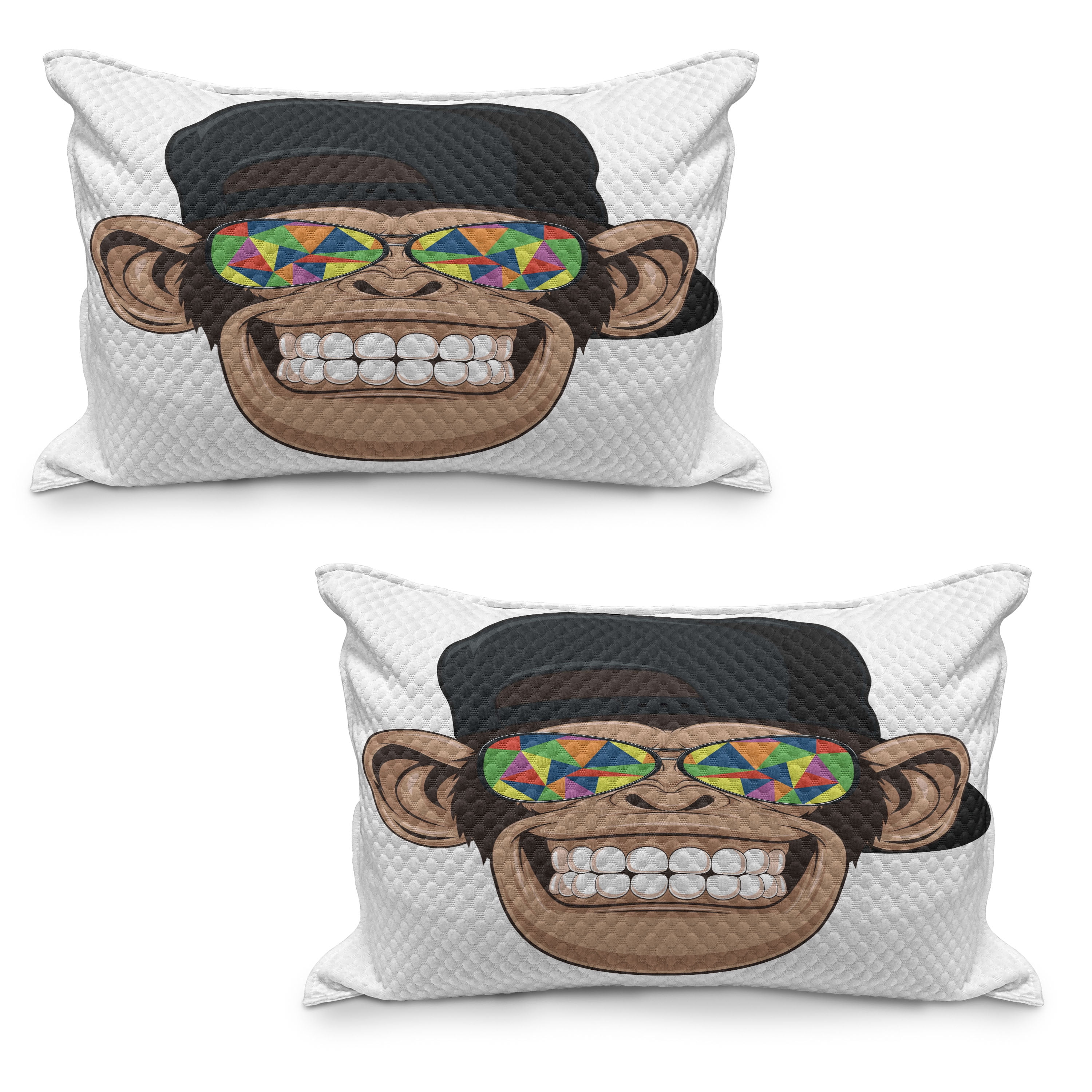 Cartoon Quilted Pillowcover Set of 2, Fun Hipster Monkey with Colorful ...