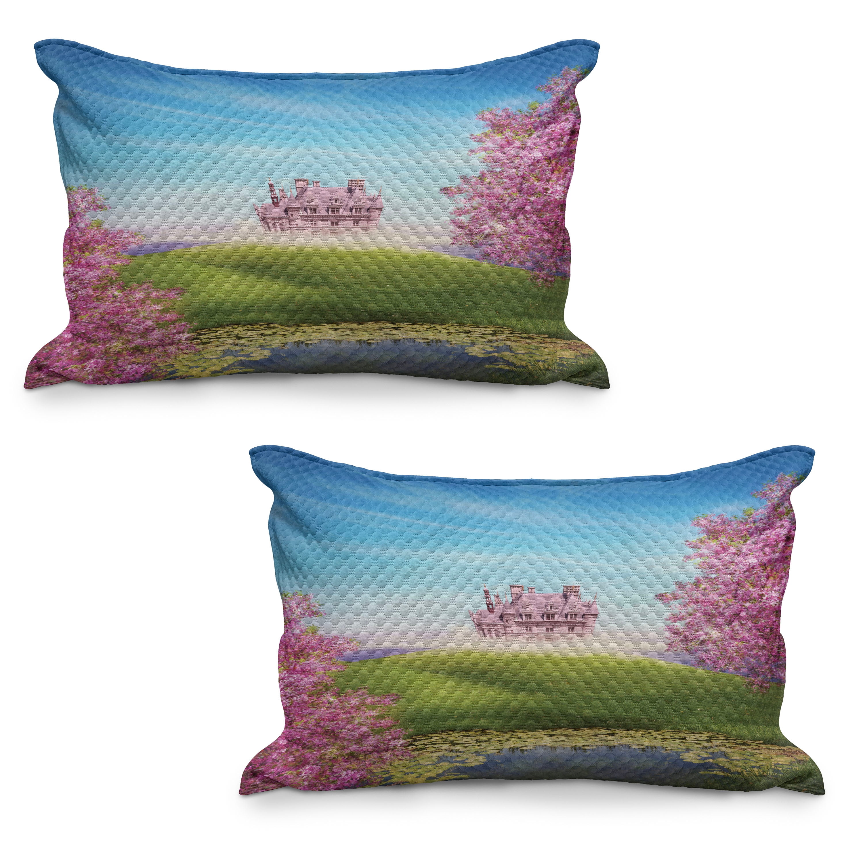 Cartoon Quilted Pillowcover Set of 2, Imaginary Tale Landscape with ...