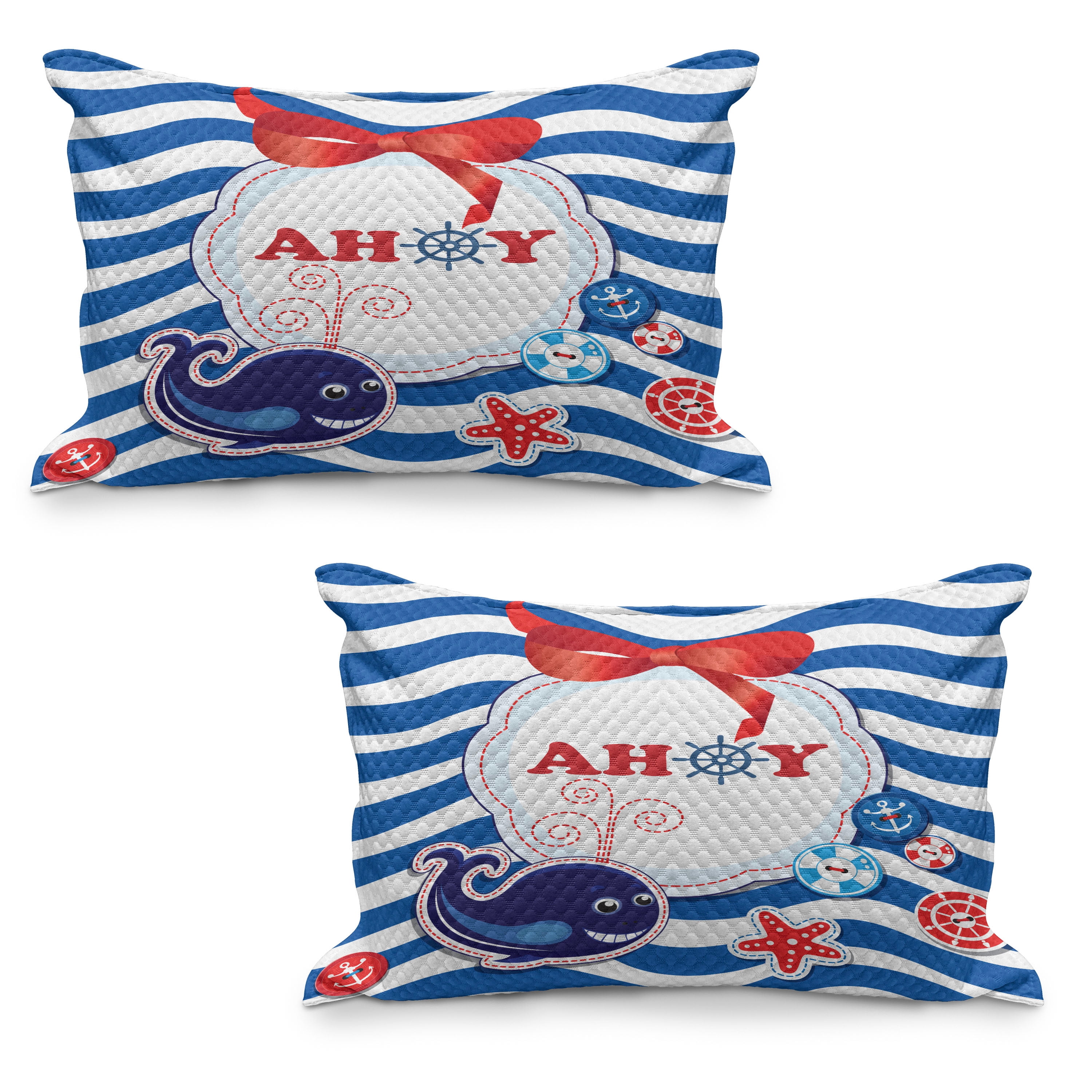 Cartoon Quilted Pillowcover Set of 2, Marine Themed Ahoy Lettering ...