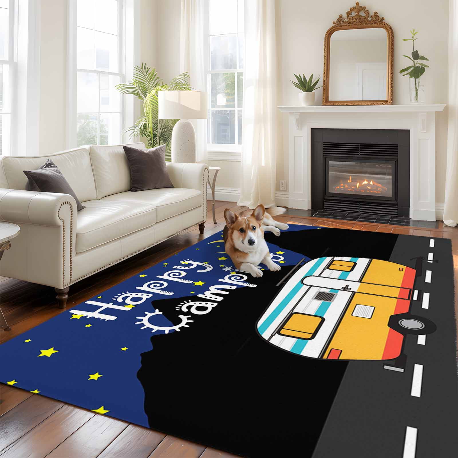 Cartoon RV Area Rugs 5x7 ft Happy Camping Moon Star Nights Mountain ...