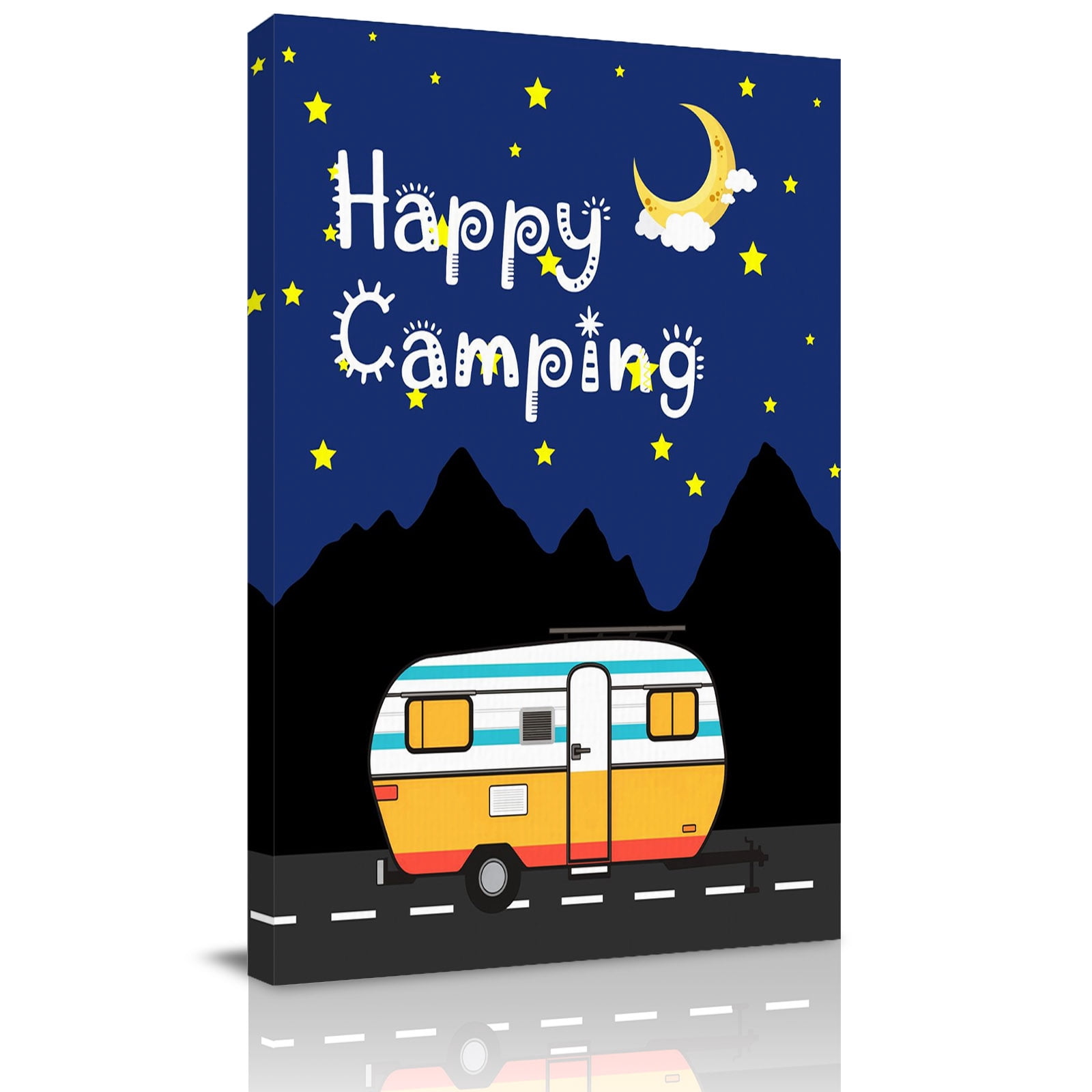 Cartoon RV Canvas Wall Art for Living Room, Happy Camping Moon Star ...