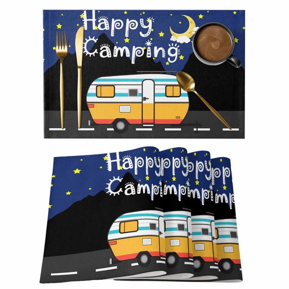 Cartoon RV Cotton Linen Placemats Set of 8, Happy Camping Moon Star ...