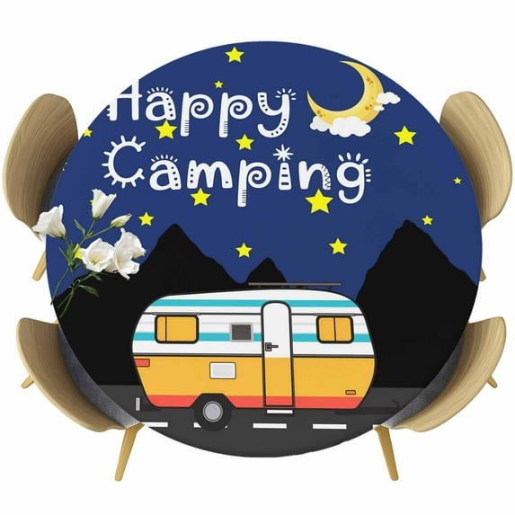 Cartoon RV Round Fitted Tablecloth with Elastic Edge, Happy Camping ...
