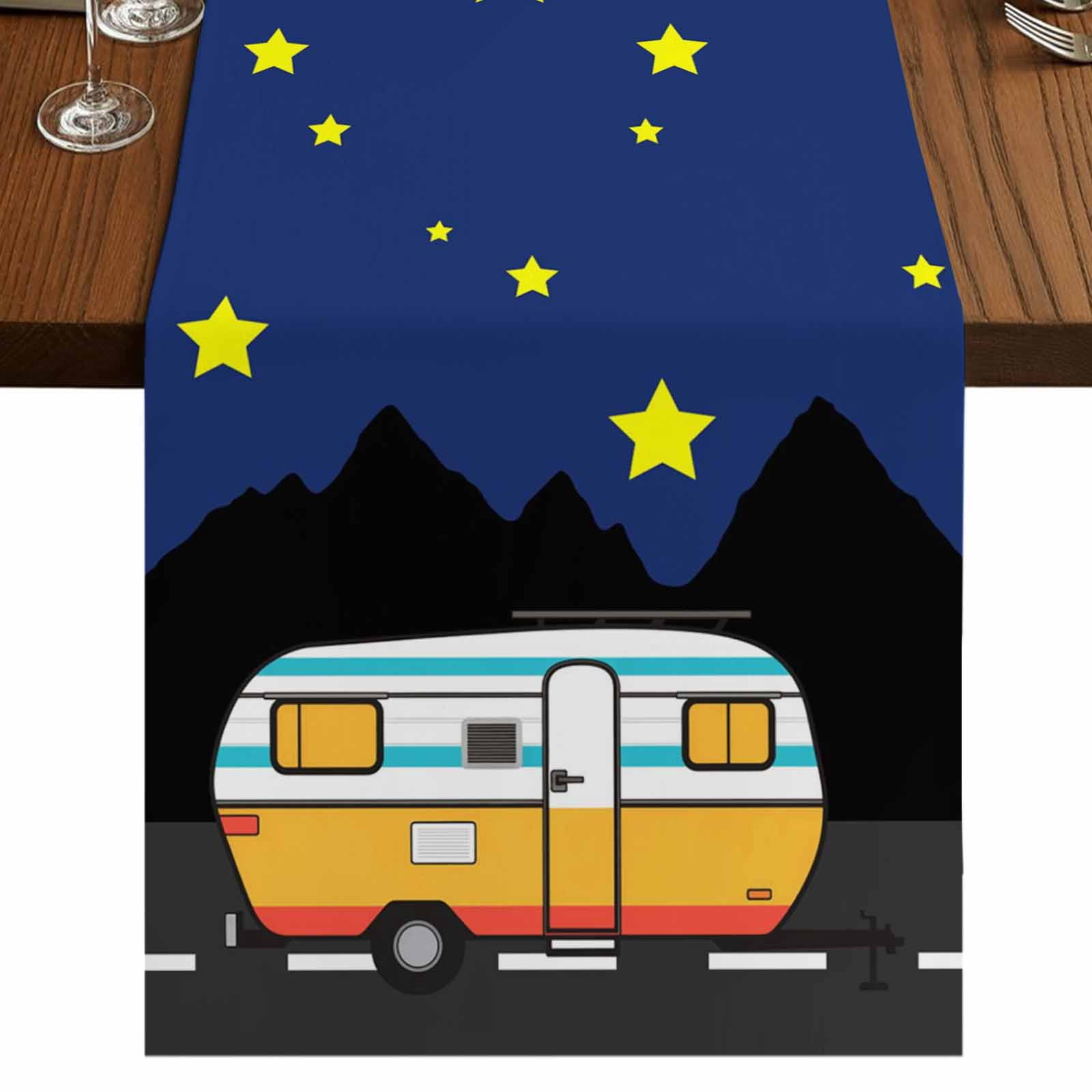 Cartoon RV Table Runner 60 Inches Long, Happy Camping Moon Star Nights ...