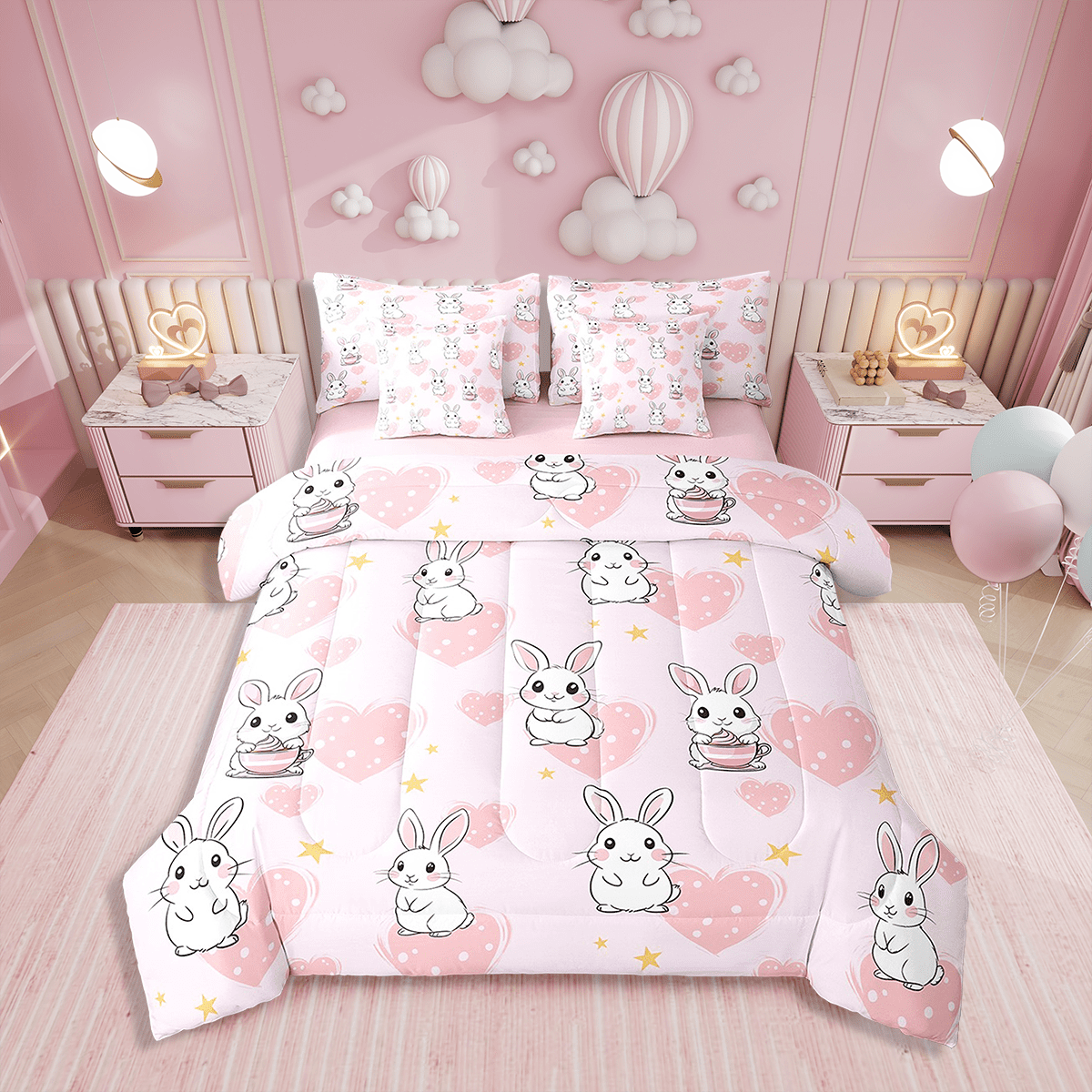 Cartoon Rabbit 7 Pieces Bedding Set Cute Bunnies King Comforter Set ...