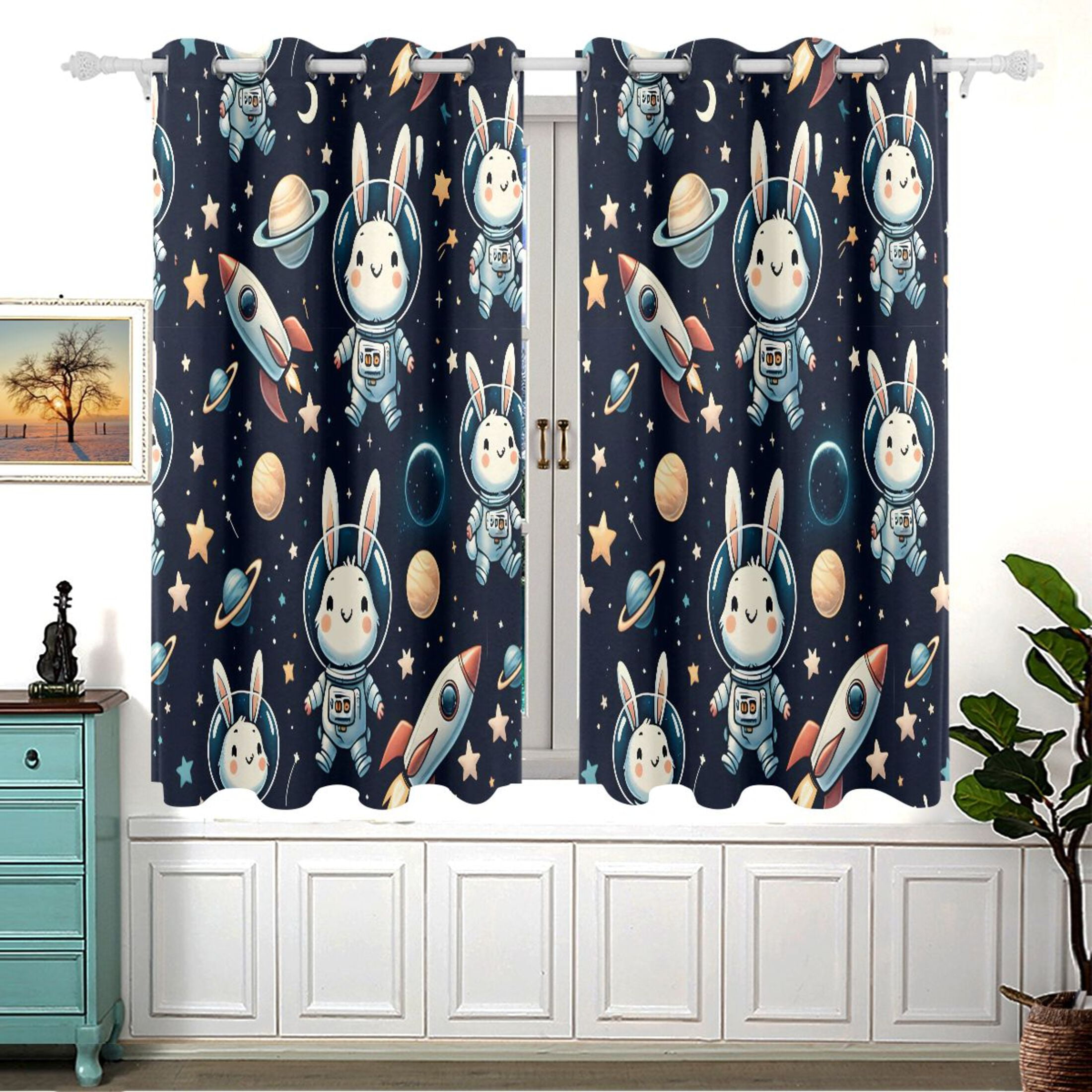 Cartoon Rabbit Astronaut Blackout Curtains 2 Panels Set Grommet Drapes ...
