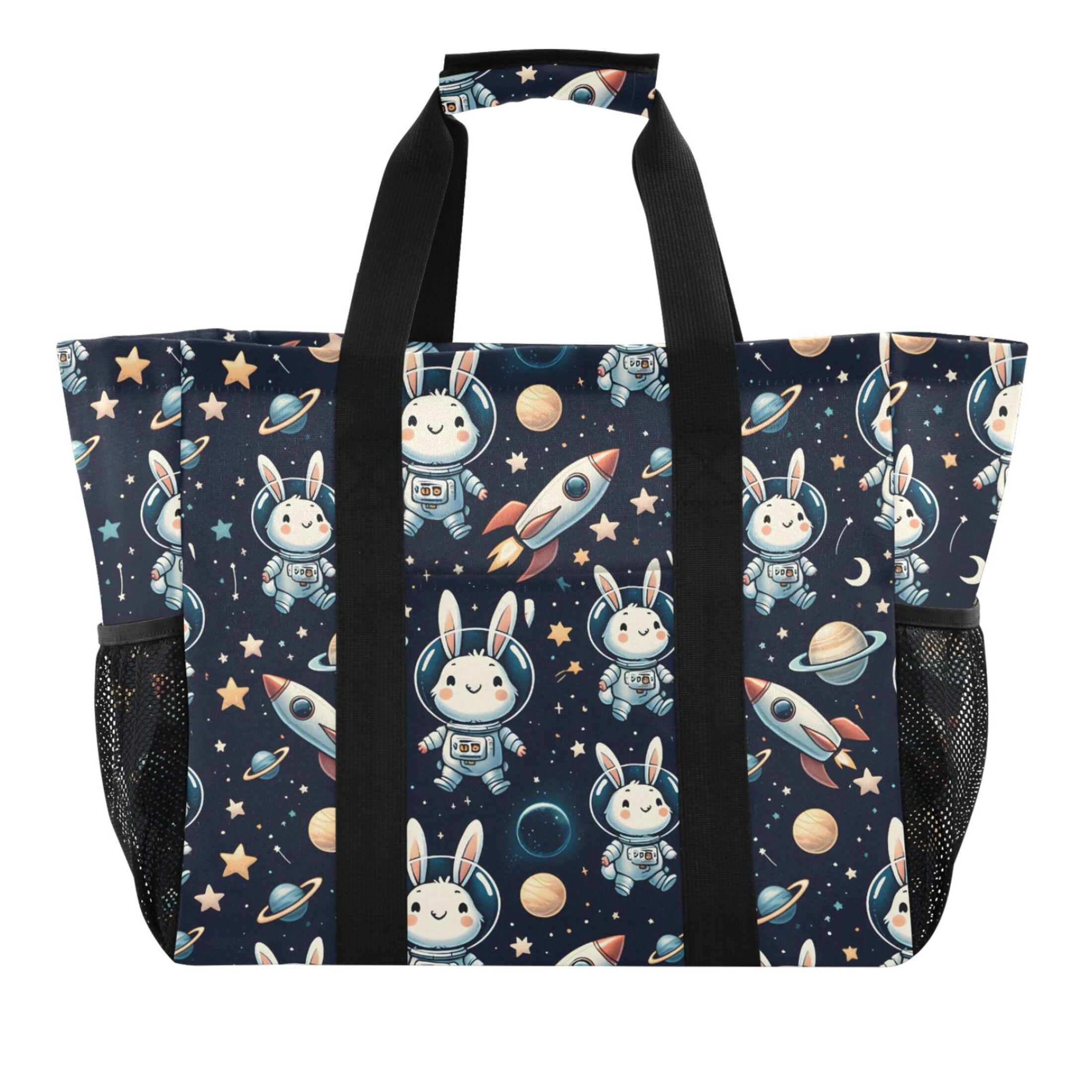 Cartoon Rabbit Astronaut Reusable Grocery Bags with Handle Side Pocket ...