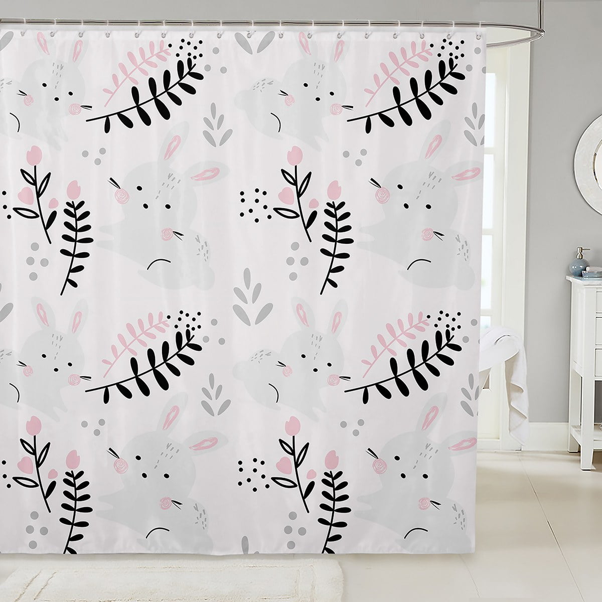Cartoon Rabbit Bathroom Shower Curtain Sets Kawaii Bunny Floral Leaves ...