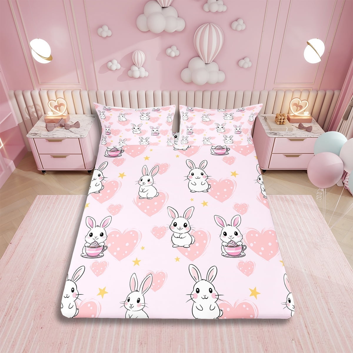 Cartoon Rabbit Bed Sheets Set for Kids Boys Girls,Queen Pink Love Heart ...