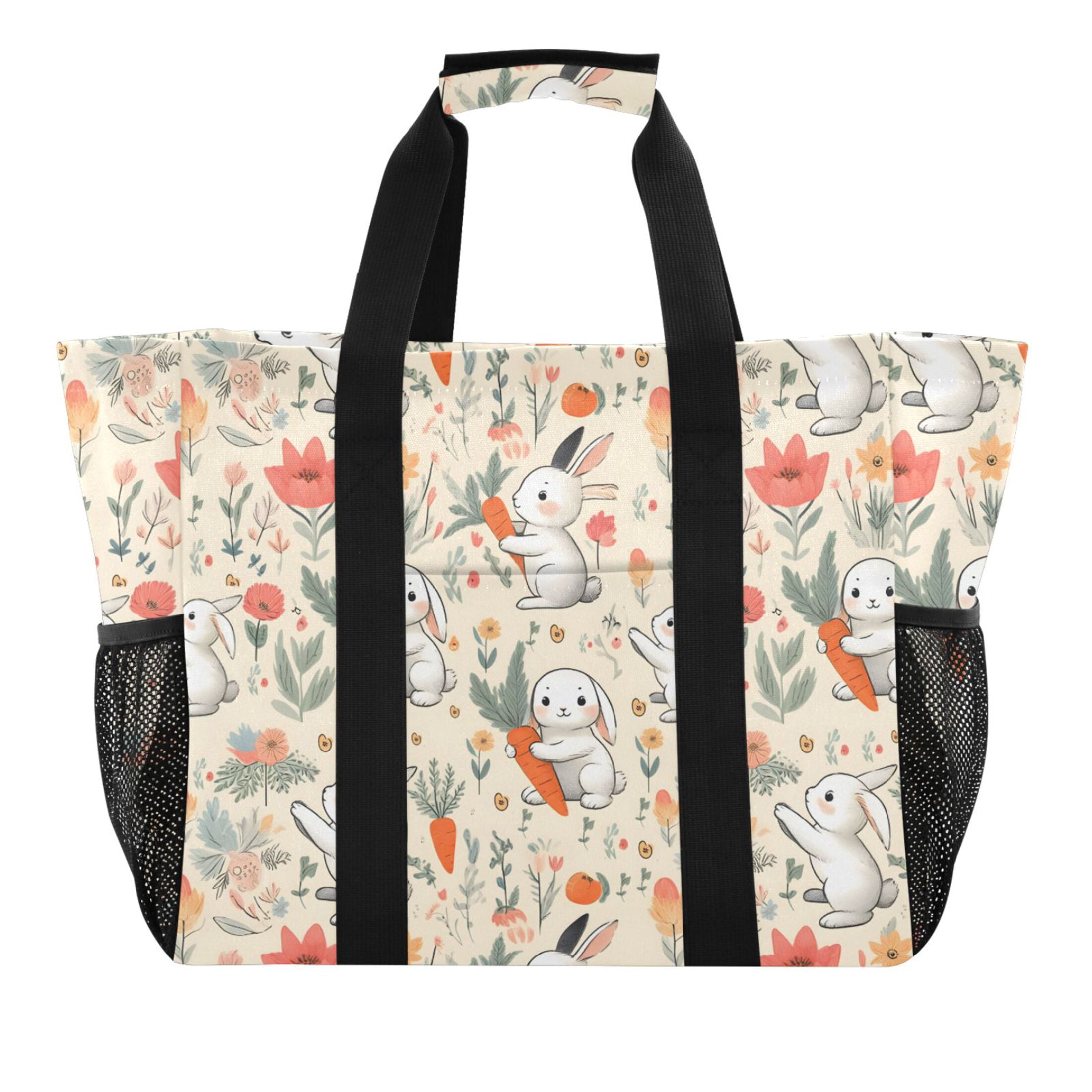 Cartoon Rabbit Carrot Flower Reusable Grocery Bags with Handle Side ...