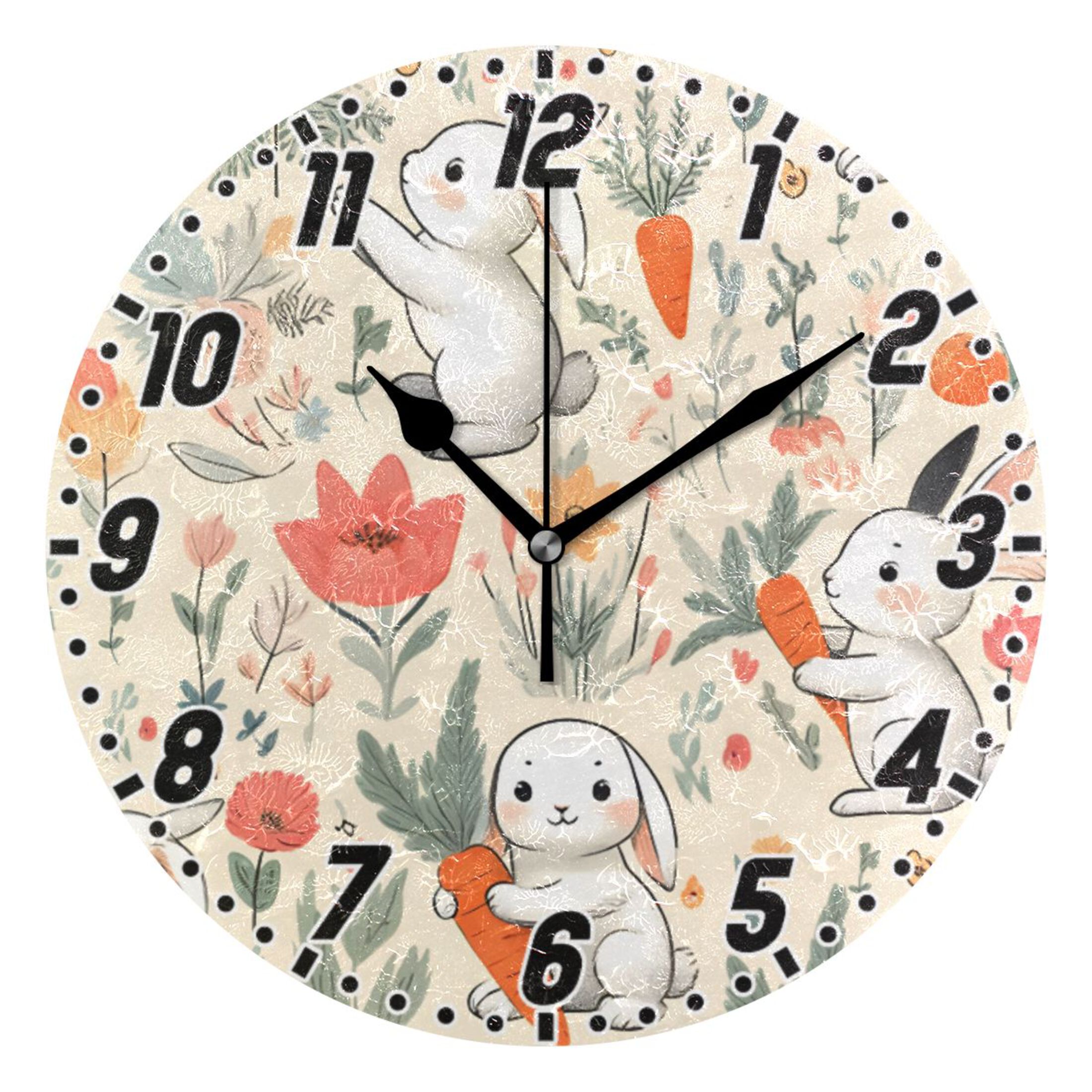 Cartoon Rabbit Carrot Flower Wall Clock 9.8 inch Battery Operated ...