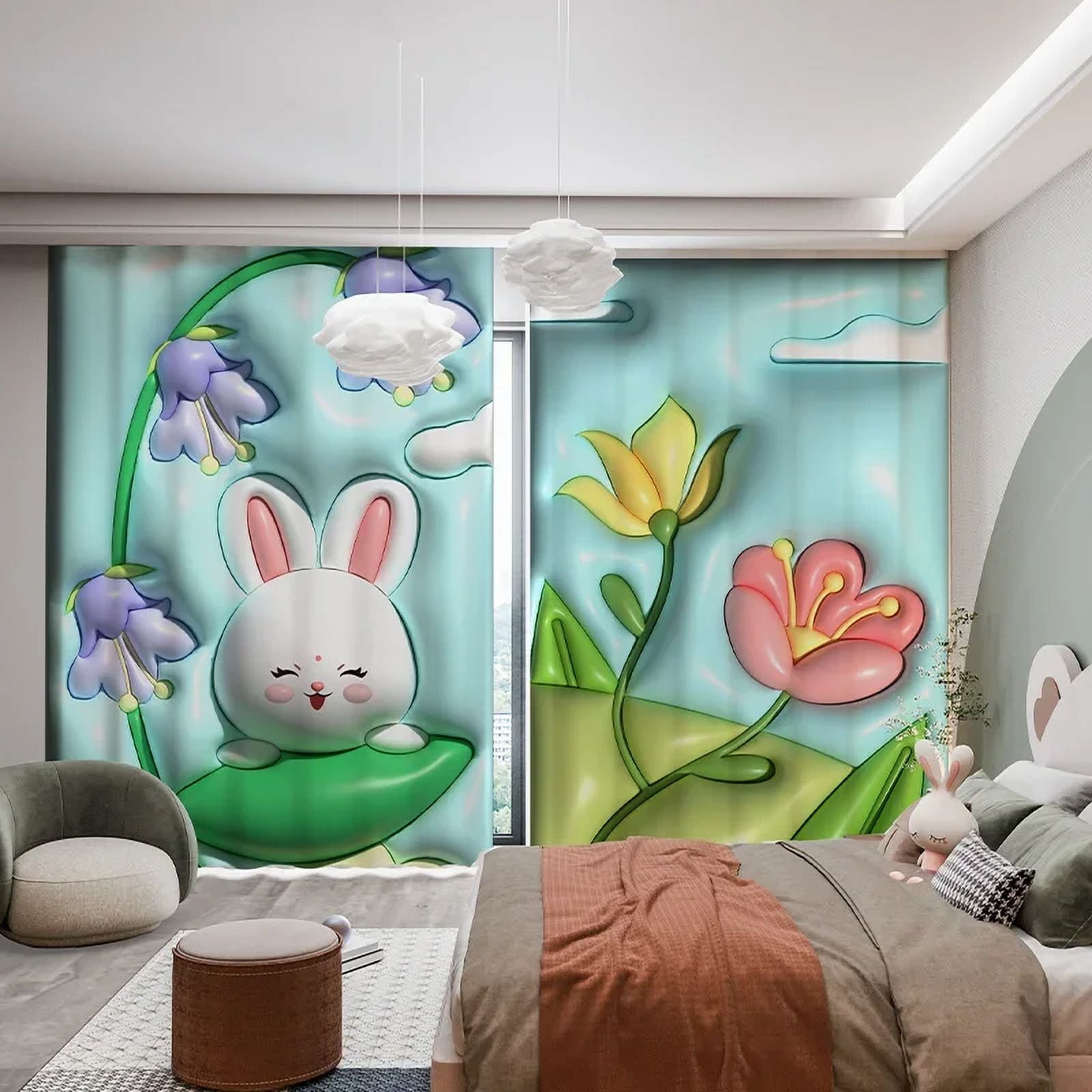 Cartoon Rabbit Clouds High Shading Curtain Fresh Ins 3D Children's Room ...