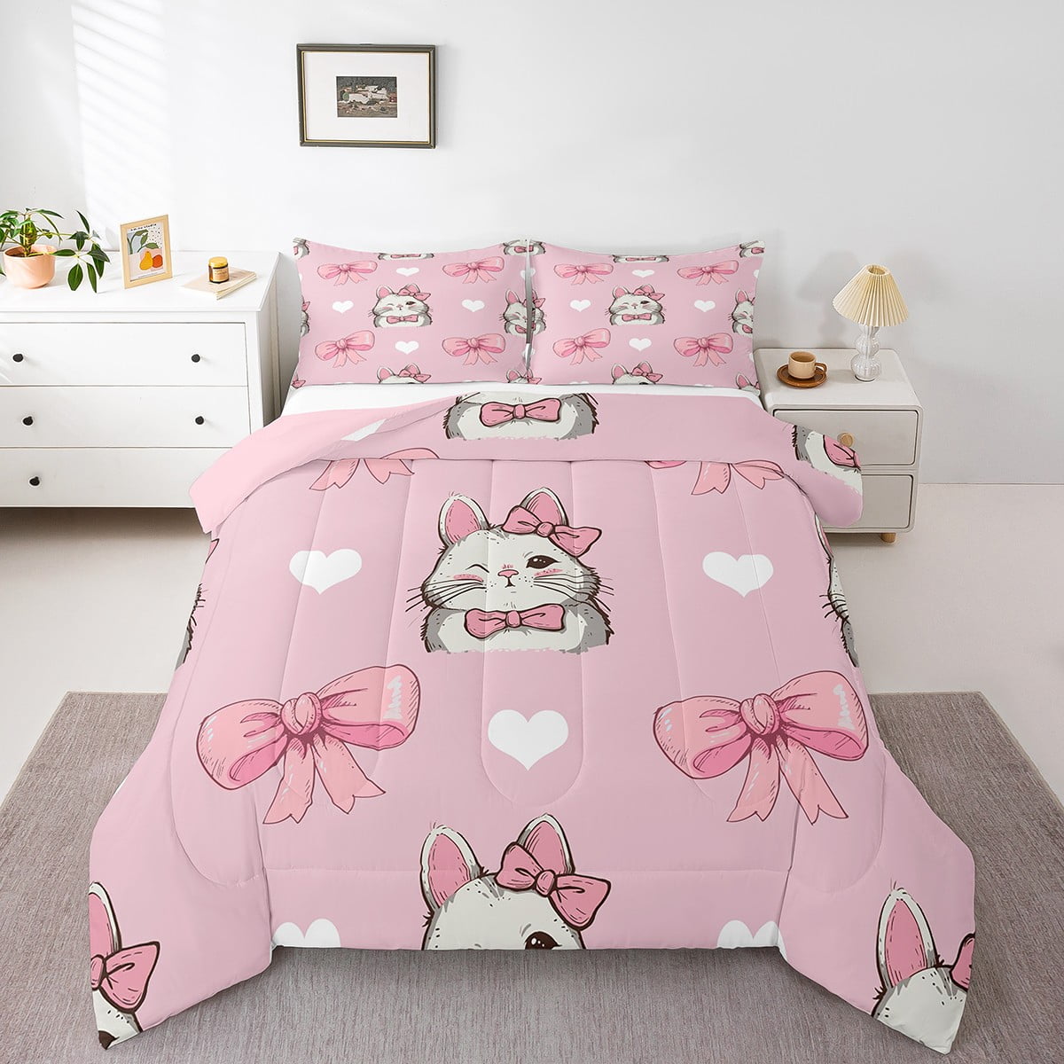 Cartoon Rabbit Comforter Set King Size Pink Girly Bowknot Bedding Set ...