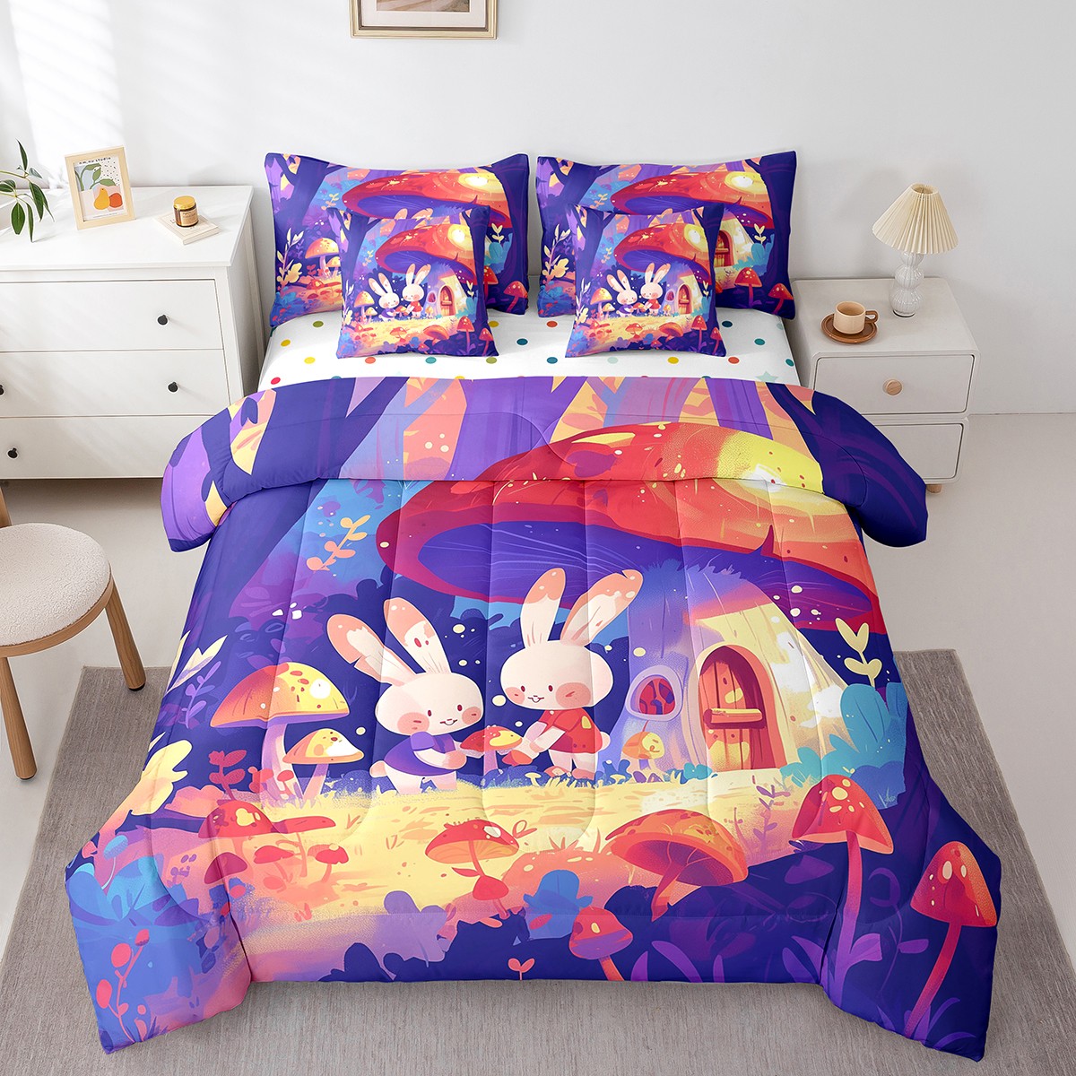 Cartoon Rabbit Comforter Set Twin Size,Cute Mushroom Botanical Bedding ...