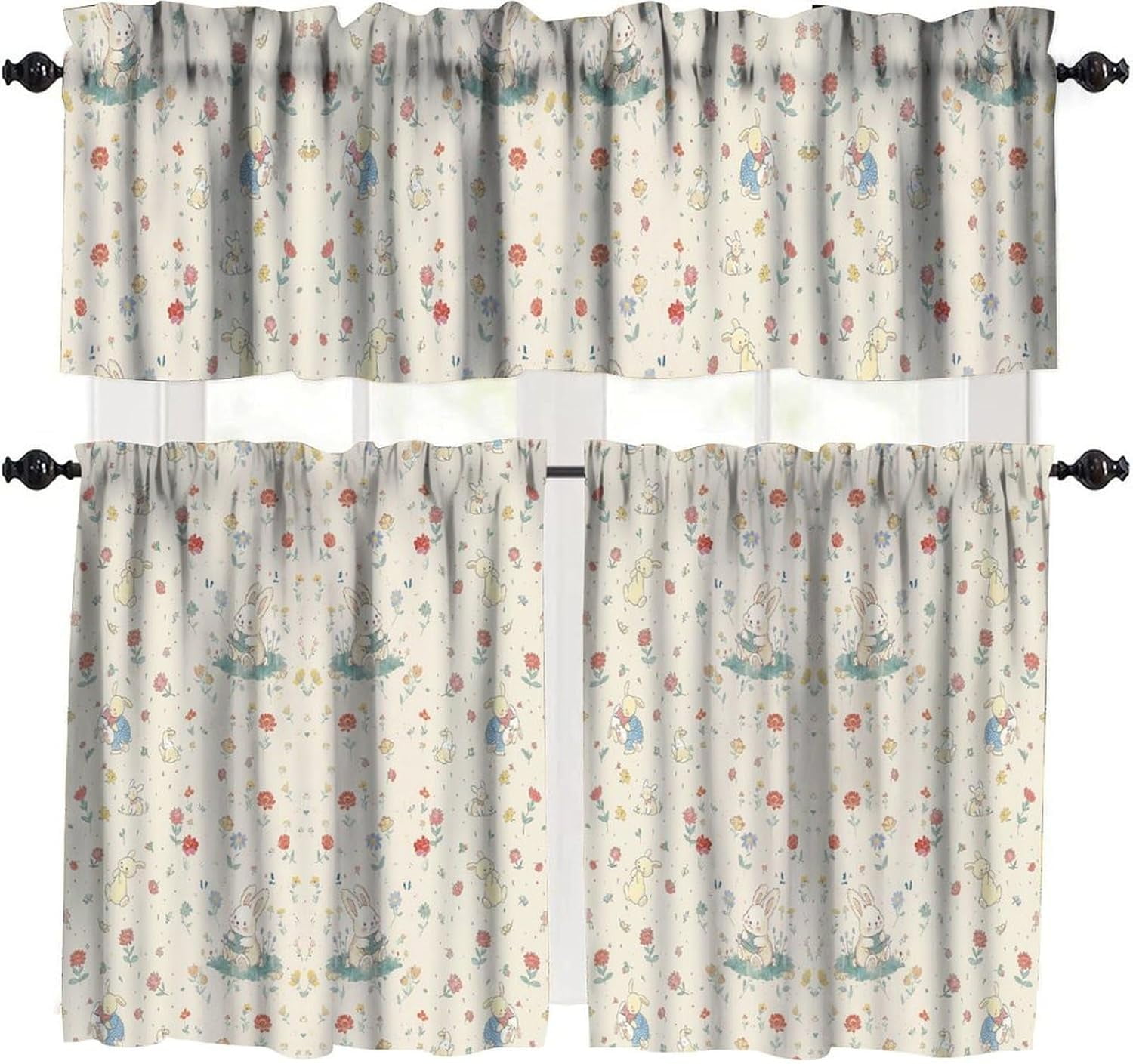 Cartoon Rabbit Cute Theme Blackout Valance, Watercolor Flower Rabbit ...
