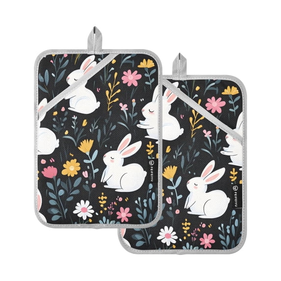 Cartoon Rabbit Floral Pattern Pot Holder Set 2 Piece Non-Slip Oven Hot ...
