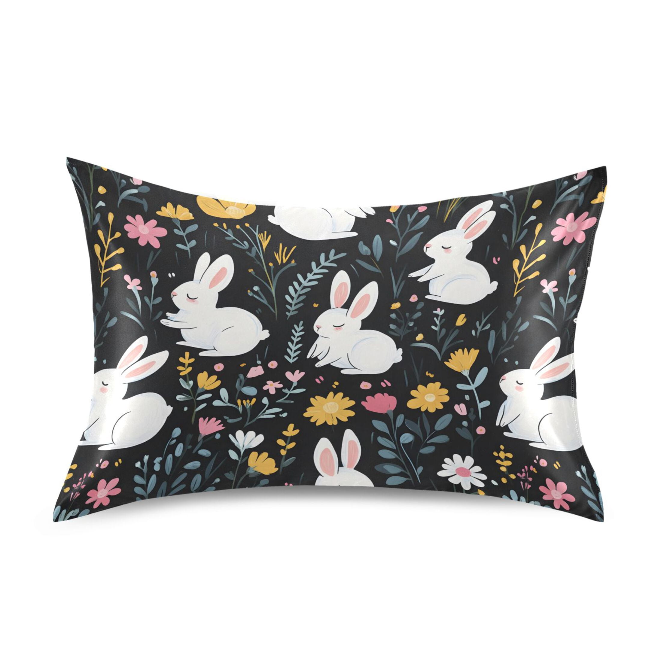 Cartoon Rabbit Floral Pattern Standard Size Satin Pillowcase 20''x26 ...