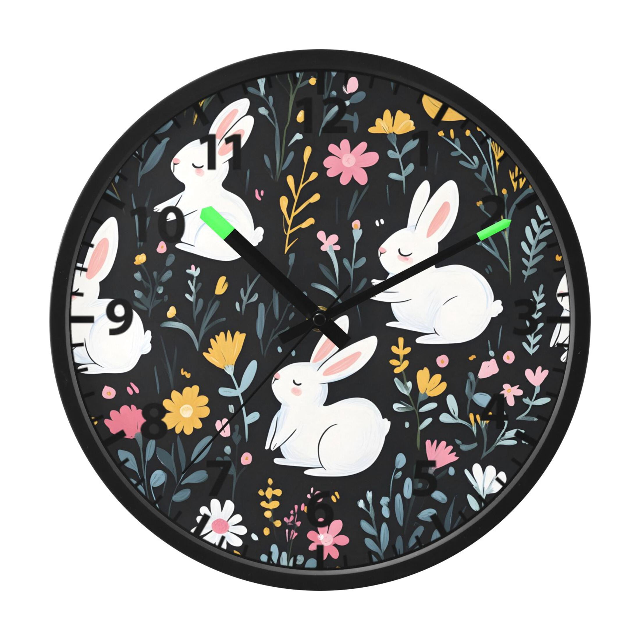 Cartoon Rabbit Floral Pattern Wall Clock 12 Inch Voice Activated Night ...