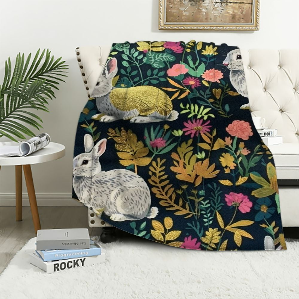Cartoon Rabbit and Flowers Blanket Cute Bunny Animals Lightweight Throw ...