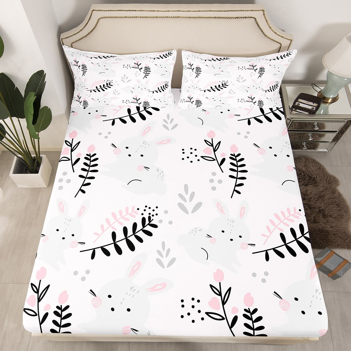 Cartoon Rabbit Kids Bed Set for Boys Girls Kawaii Bunny with Floral ...