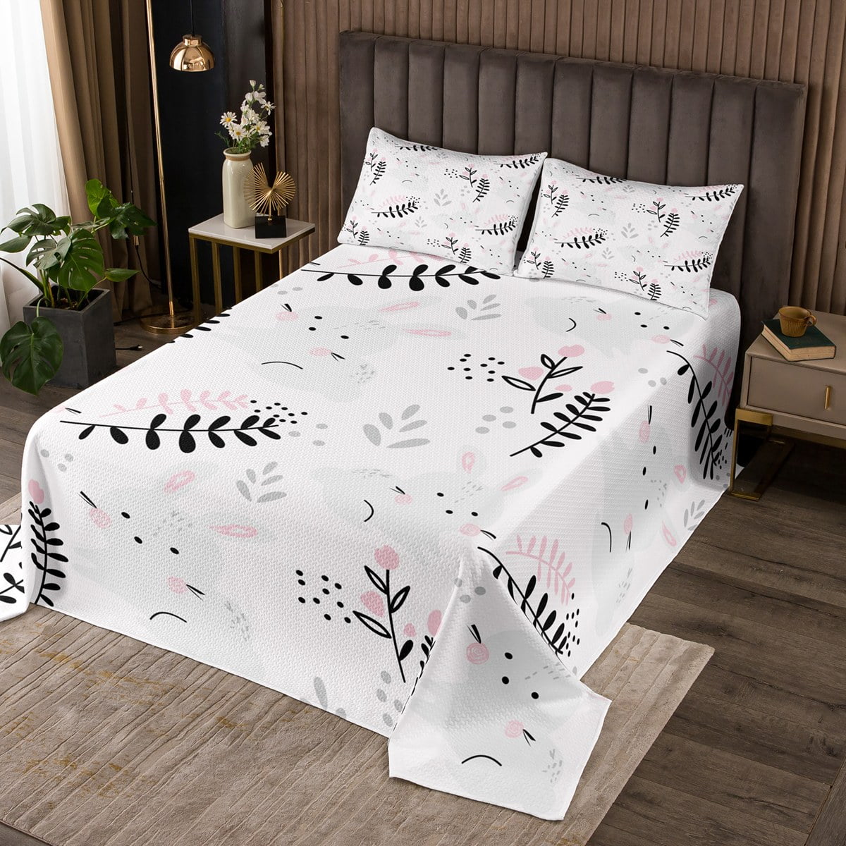 Cartoon Rabbit Coverlet Set Kawaii Bunny with Floral Leaves Quilt Set ...