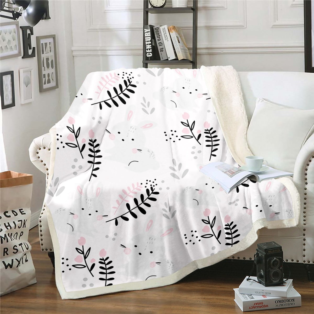 Cartoon Rabbit Throw Blanket Kawaii Bunny with Floral Leaves Fuzzy ...