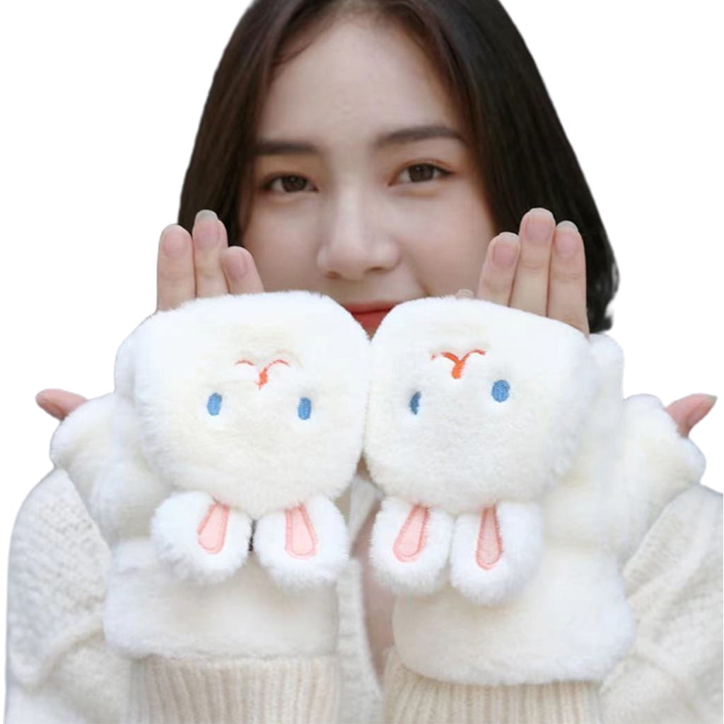 Cartoon Rabbit Shaped Flip Gloves for Adult Women Half Finger Cute ...