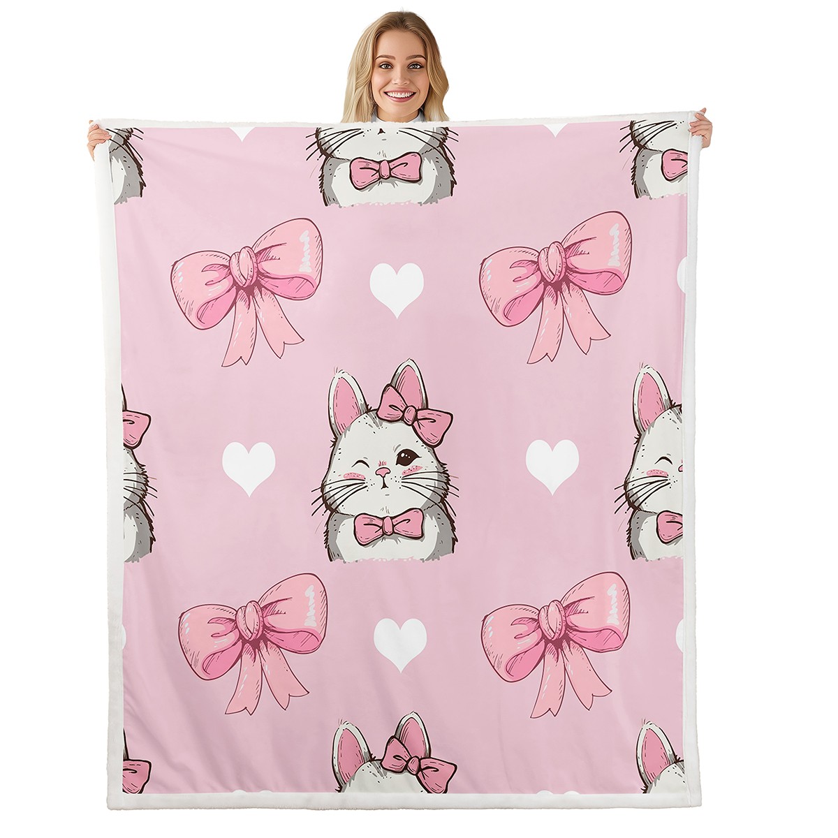 Cartoon Rabbit Sherpa Blanket Pink Girly Bowknot Lightweight Polyester ...