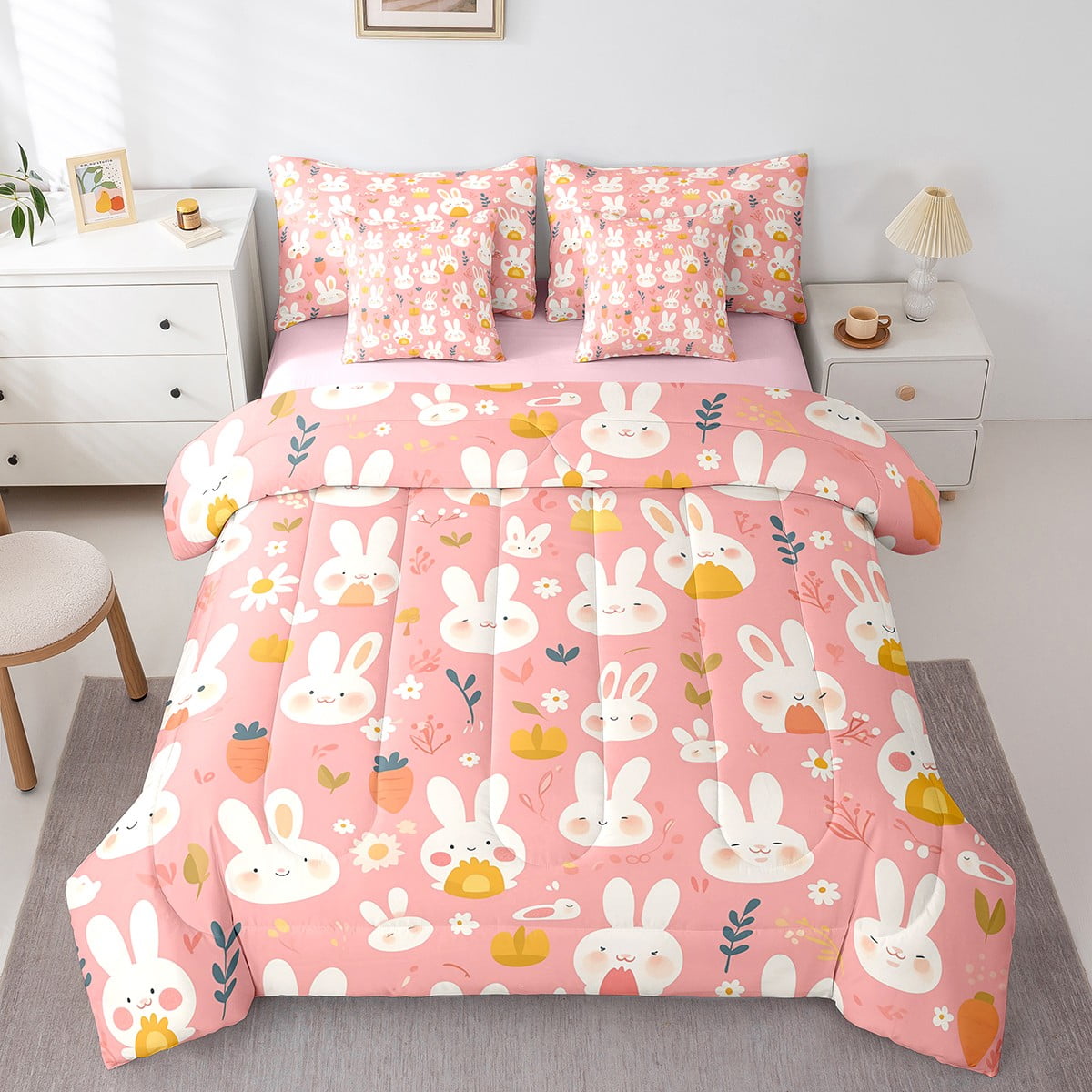 Cartoon Rabbit Twin Bedding Set Pink Animals Cute Comforter Set 7 ...