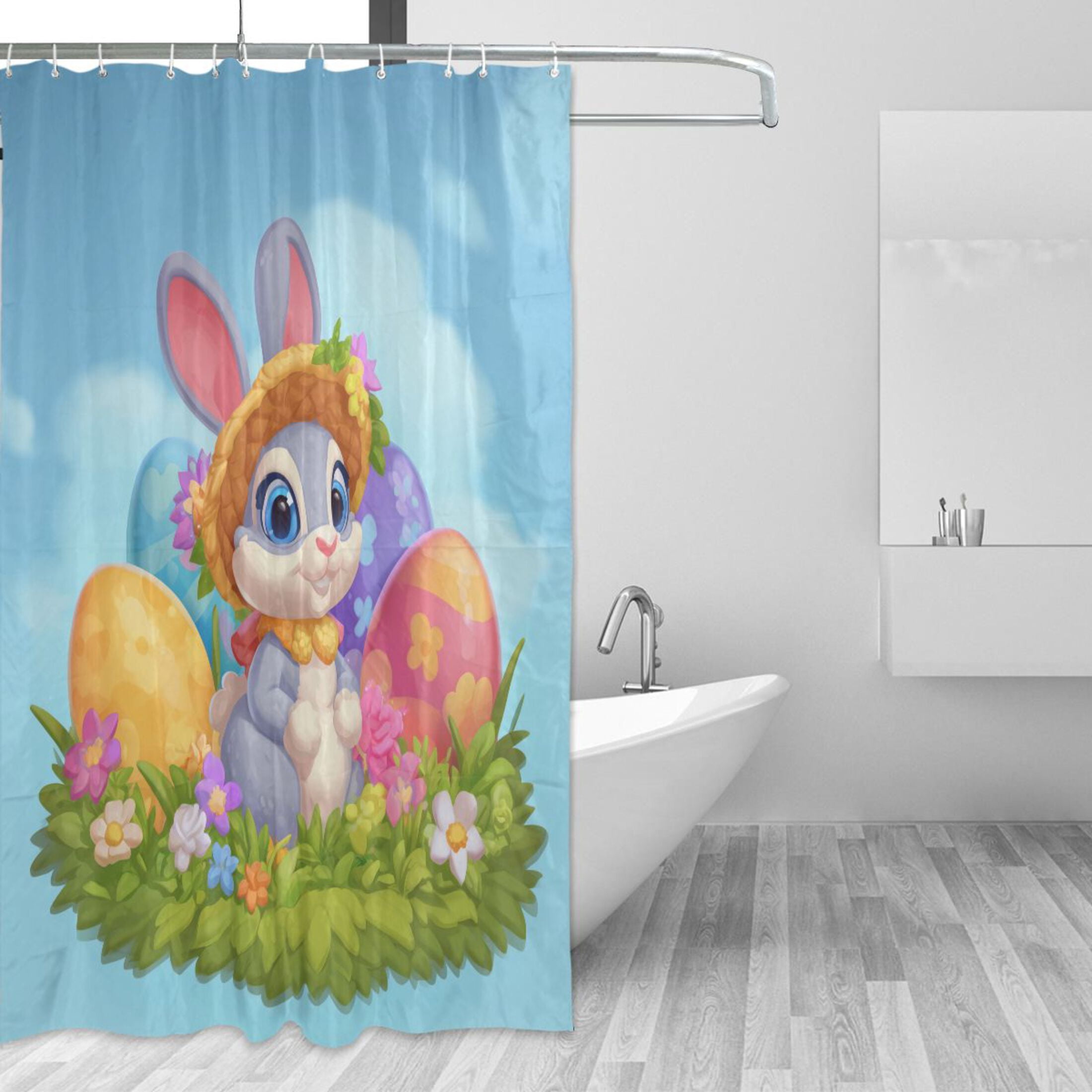 Cartoon Rabbit on Meadow with Easter Eggs Shower Curtains with 12 Hooks ...